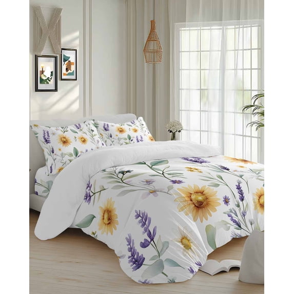 4 Piece Duvet Cover Set Queen, Spring Sunflower Green Watercolor Leaves ...