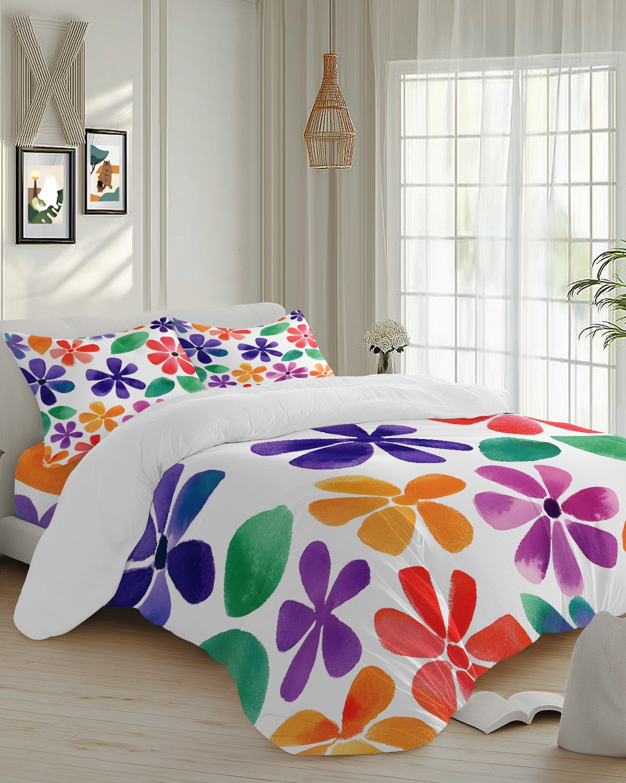 4 Piece Duvet Cover Set Queen, Spring Watercolor Floral Illustration ...