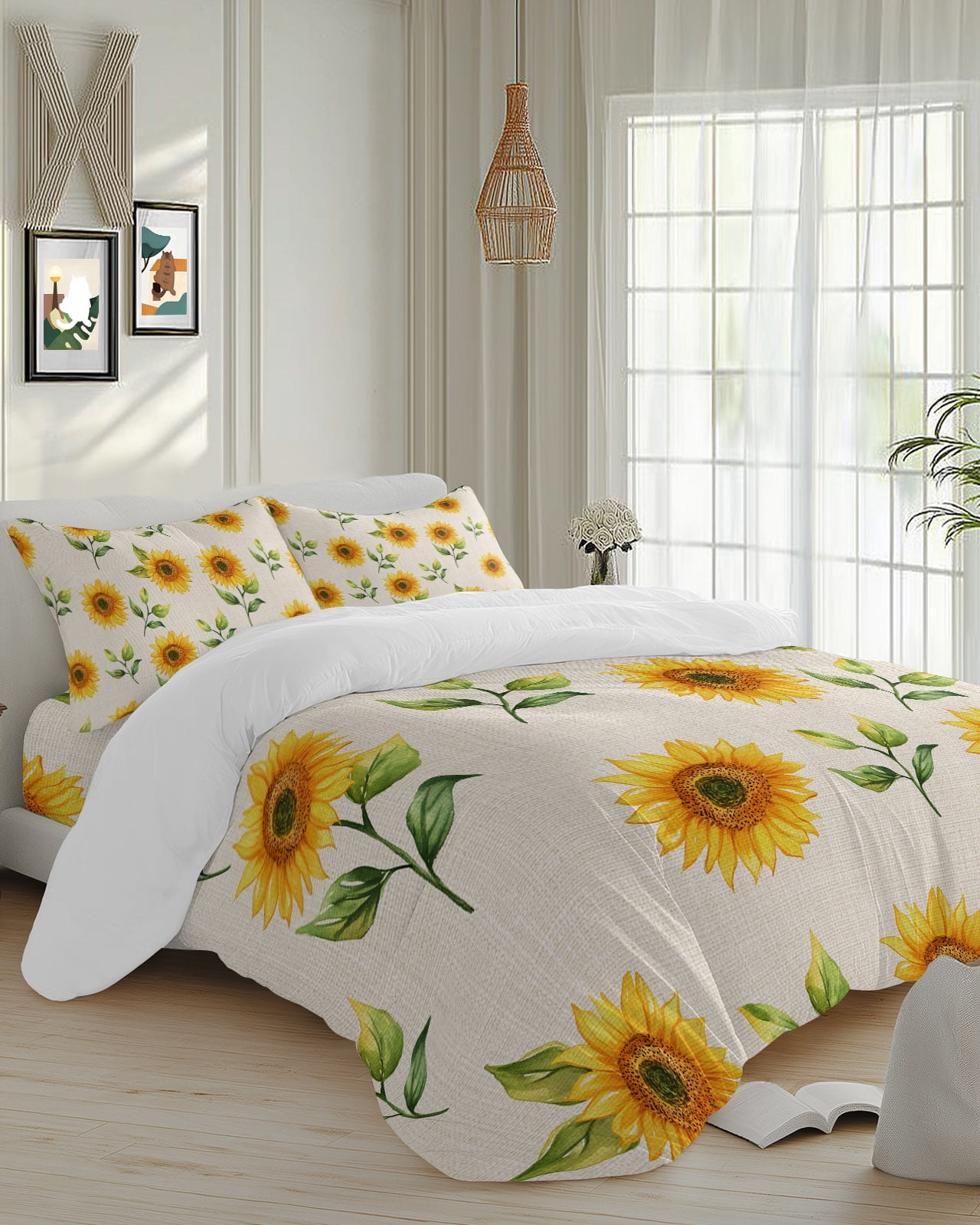 4 Piece Duvet Cover Set Queen, Spring Watercolor Sunflower on Linen ...