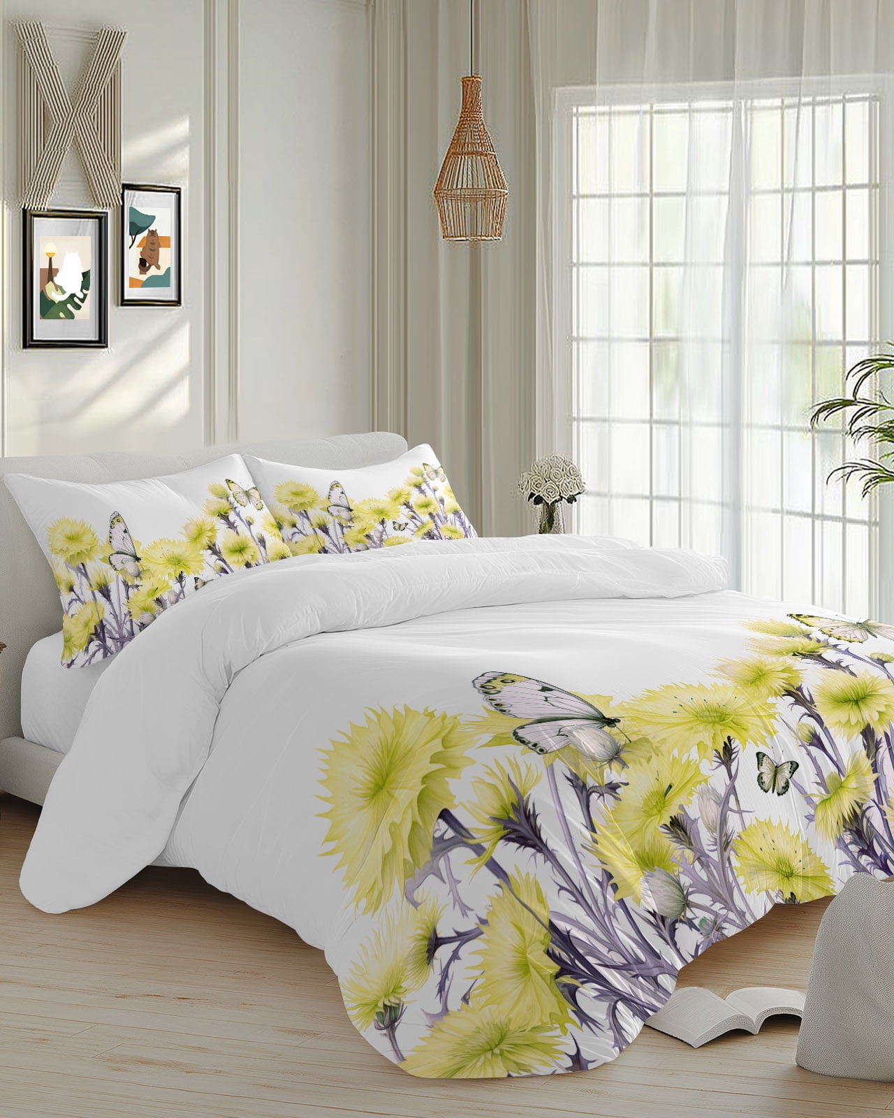 4 Piece Duvet Cover Set Queen, Spring Yellow Daisy Butterfly Soft ...