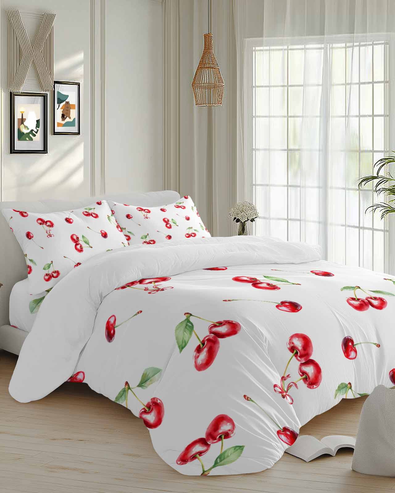 4 Piece Duvet Cover Set Queen, Summer Cherry Red Watercolor Soft ...