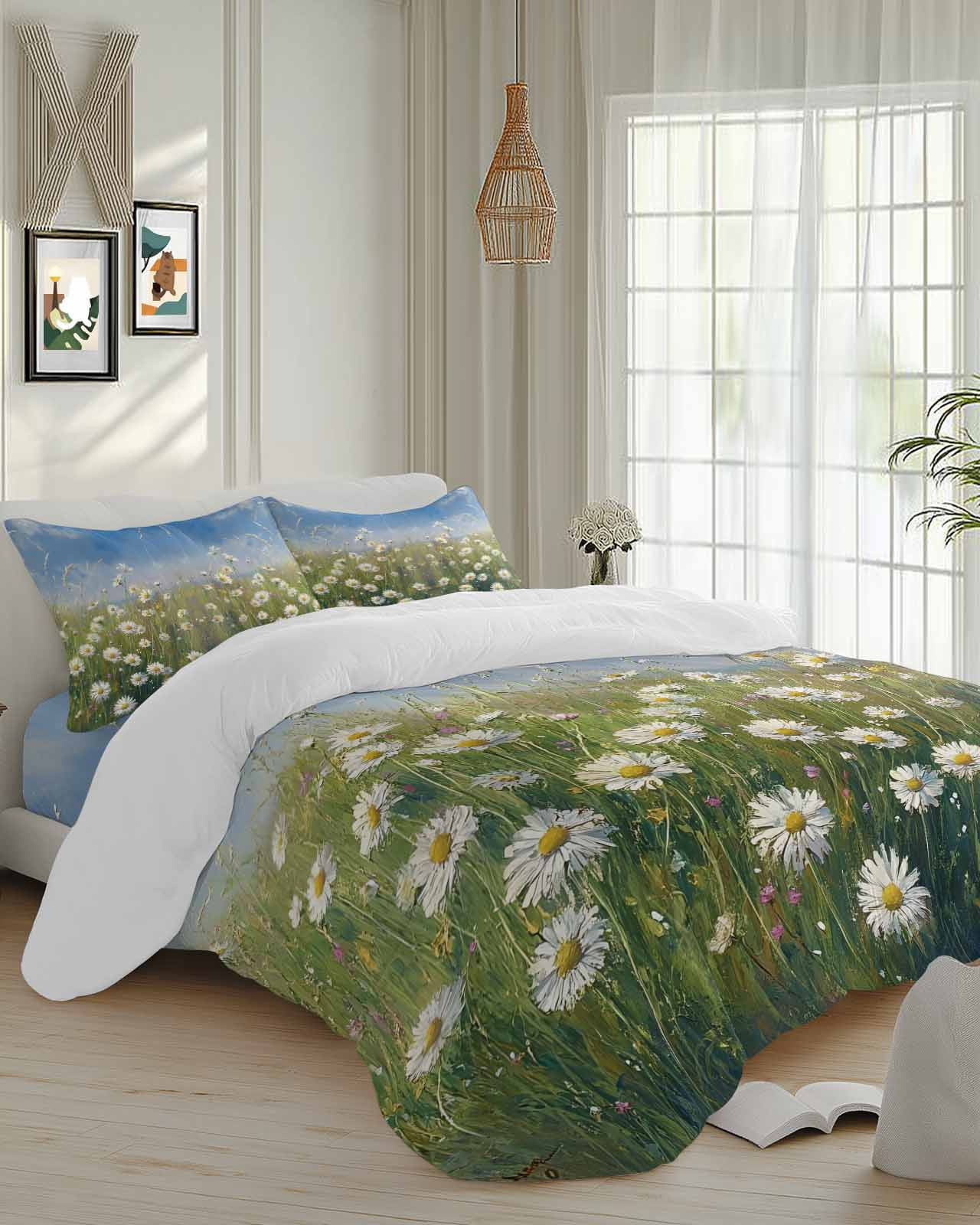 4 Piece Duvet Cover Set Queen, Summer Daisy Flower Grass Soft ...