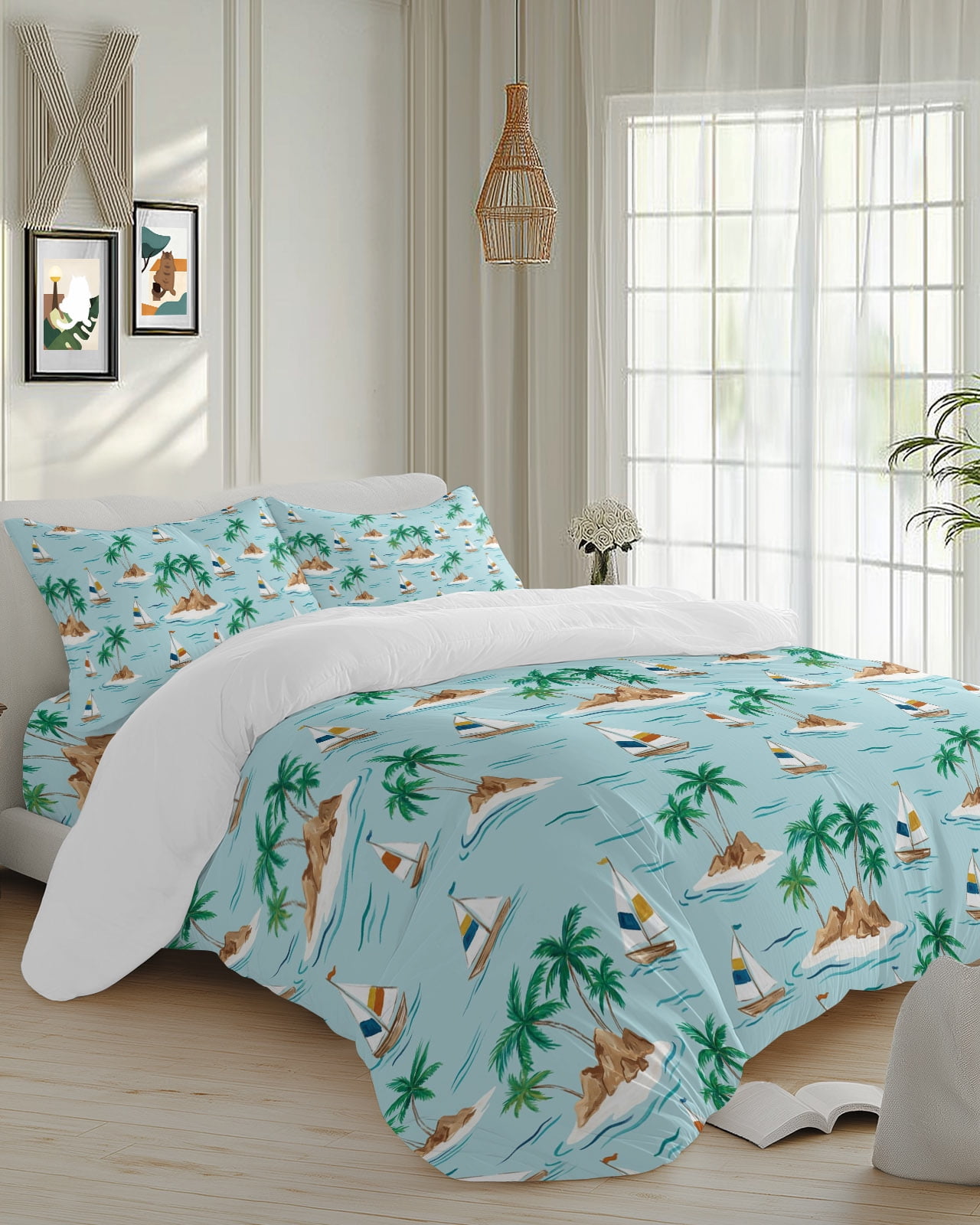 4 Piece Duvet Cover Set Queen, Summer Islands Palm Trees Soft ...