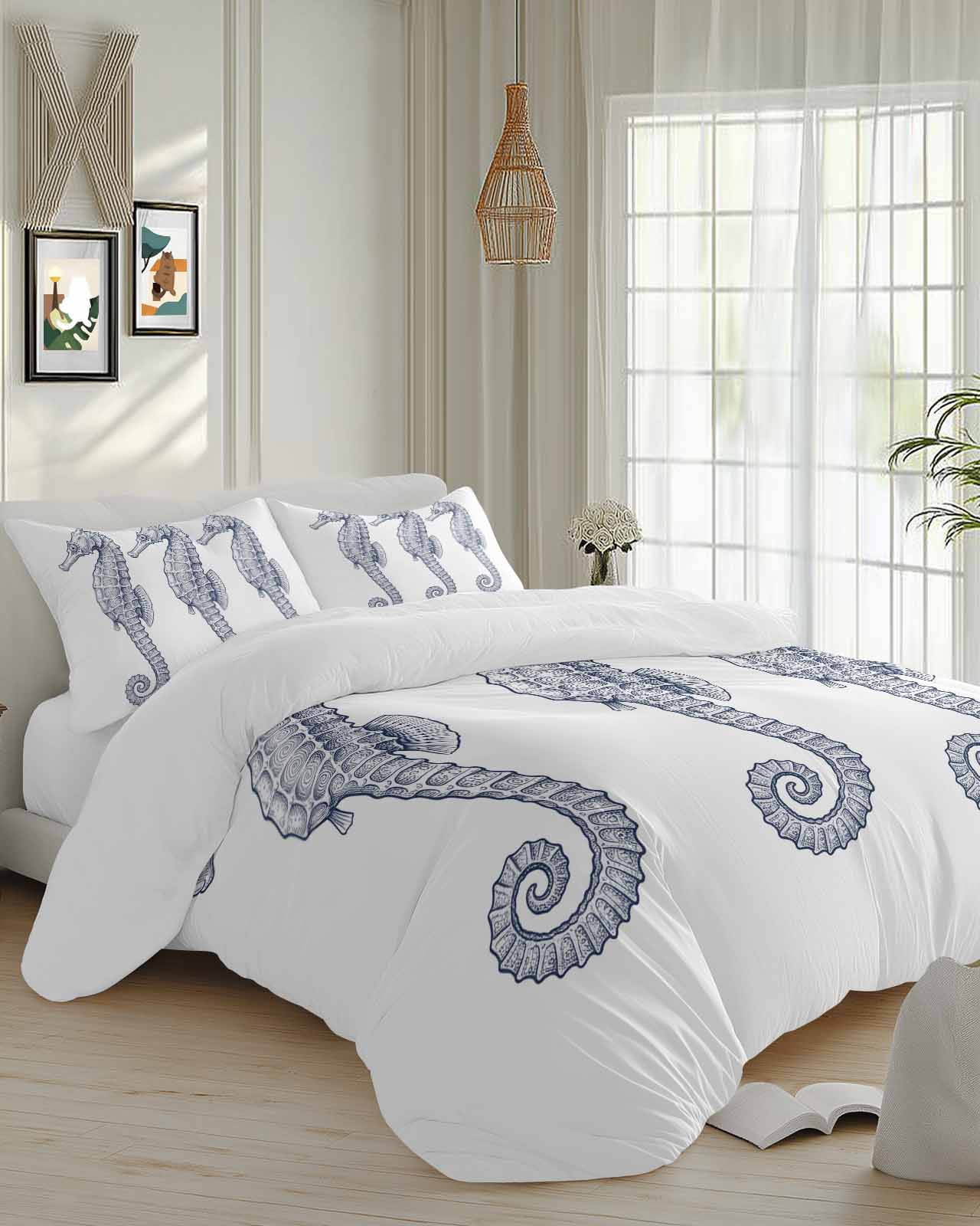 4 Piece Duvet Cover Set Queen, Summer Light Blue Seahorse Soft ...