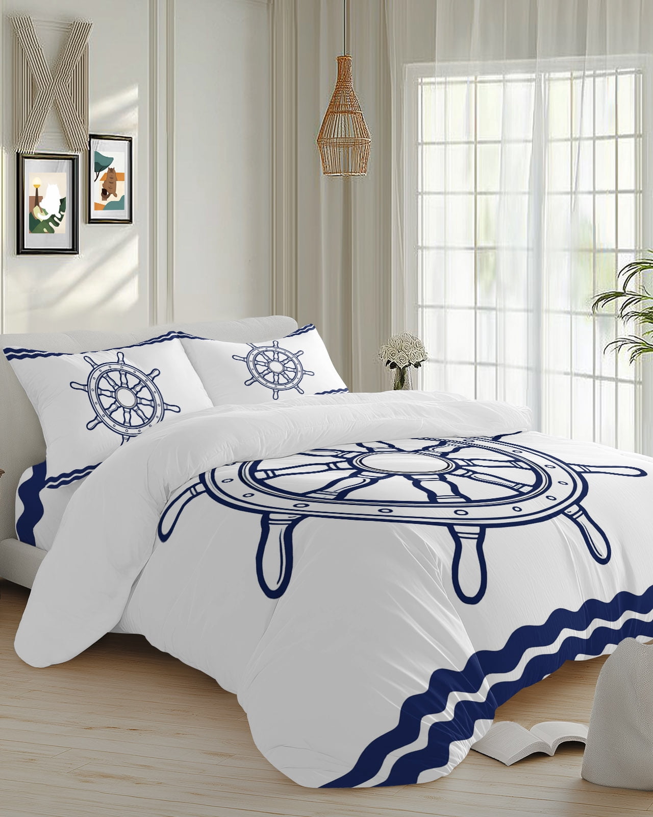 4 Piece Duvet Cover Set Queen, Summer Marine Nautical Ship Rudder Soft ...