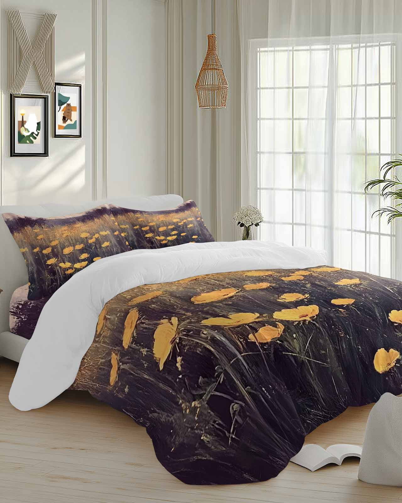 4 Piece Duvet Cover Set Queen, Summer Meadow Yellow Wildflower Soft ...