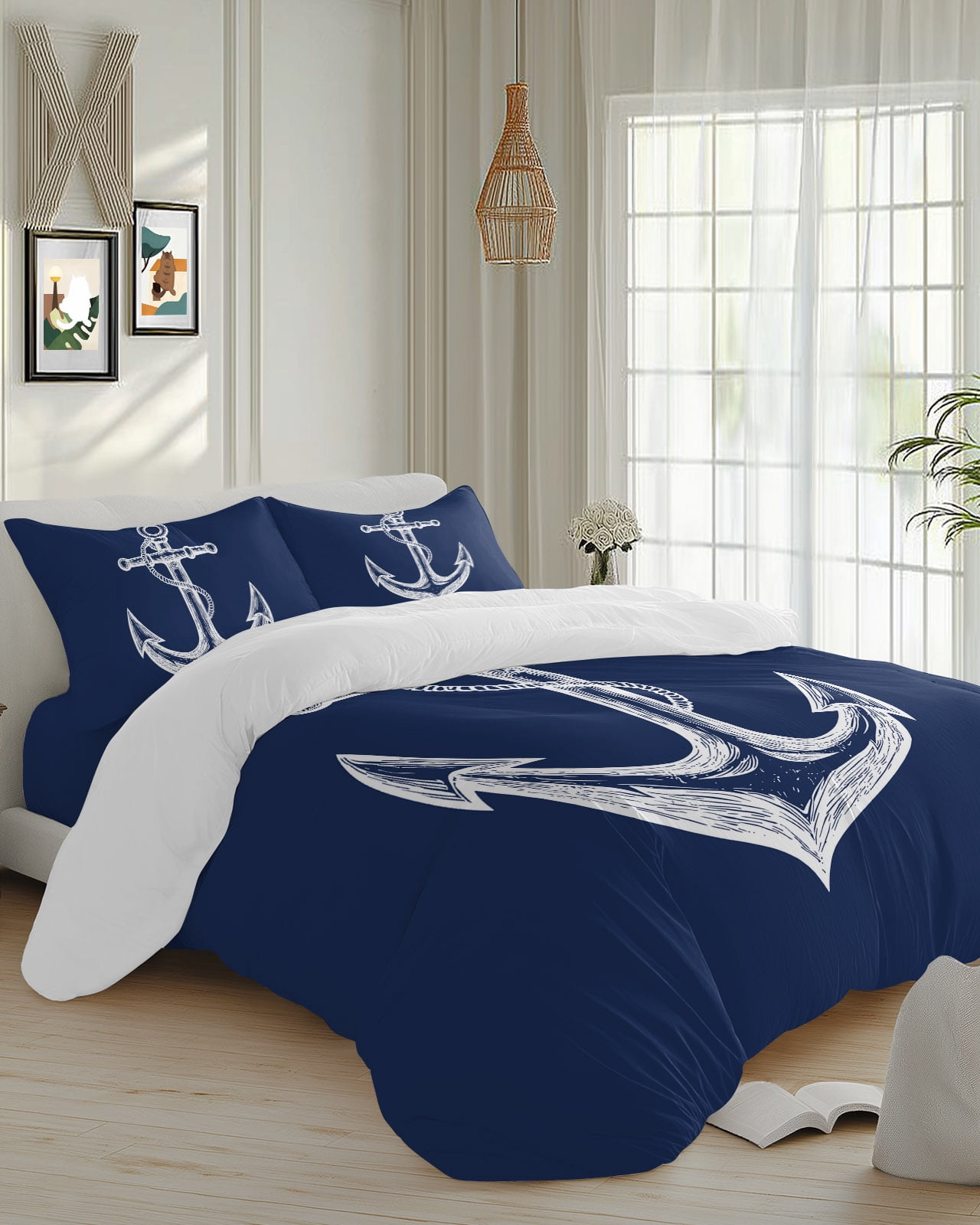 4 Piece Duvet Cover Set Queen, Summer Nautical Retro Anchor Soft ...