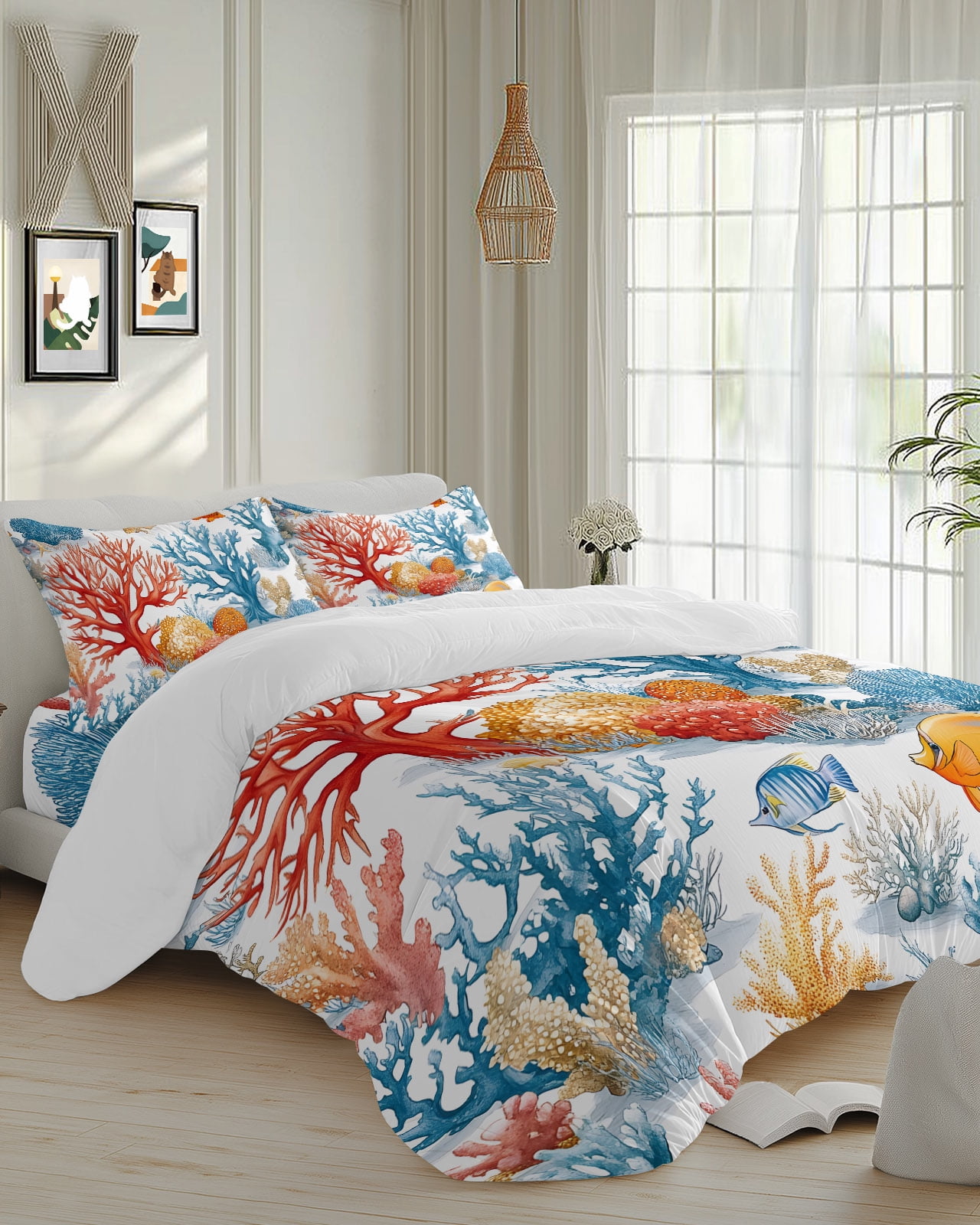 4 Piece Duvet Cover Set Queen, Summer Ocean Coral Fish Soft Breathable ...