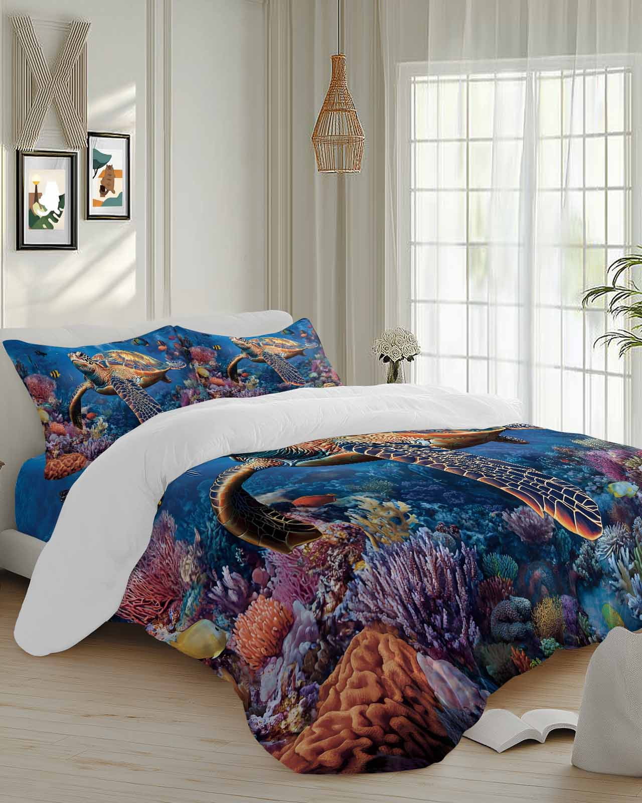 4 Piece Duvet Cover Set Queen, Summer Ocean Sea Turtle Fish Coral Soft ...