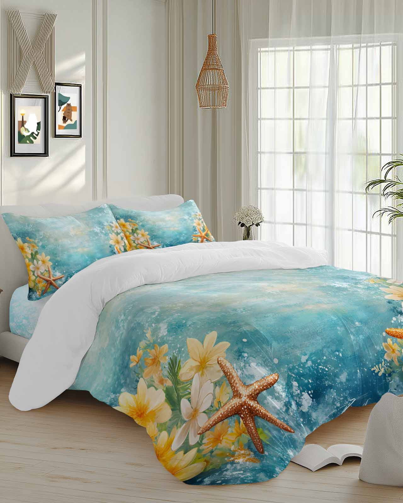 4 Piece Duvet Cover Set Queen, Summer Ocean Starfish Flowers Soft ...