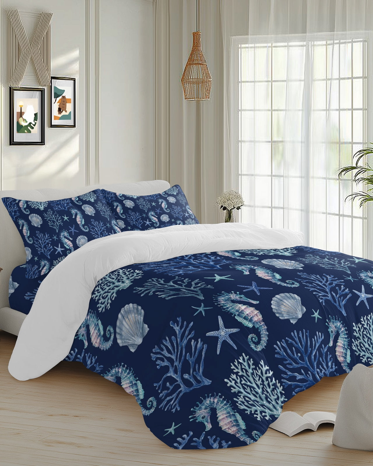 4 Piece Duvet Cover Set Queen, Summer Ocean Theme Navy Blue Soft ...