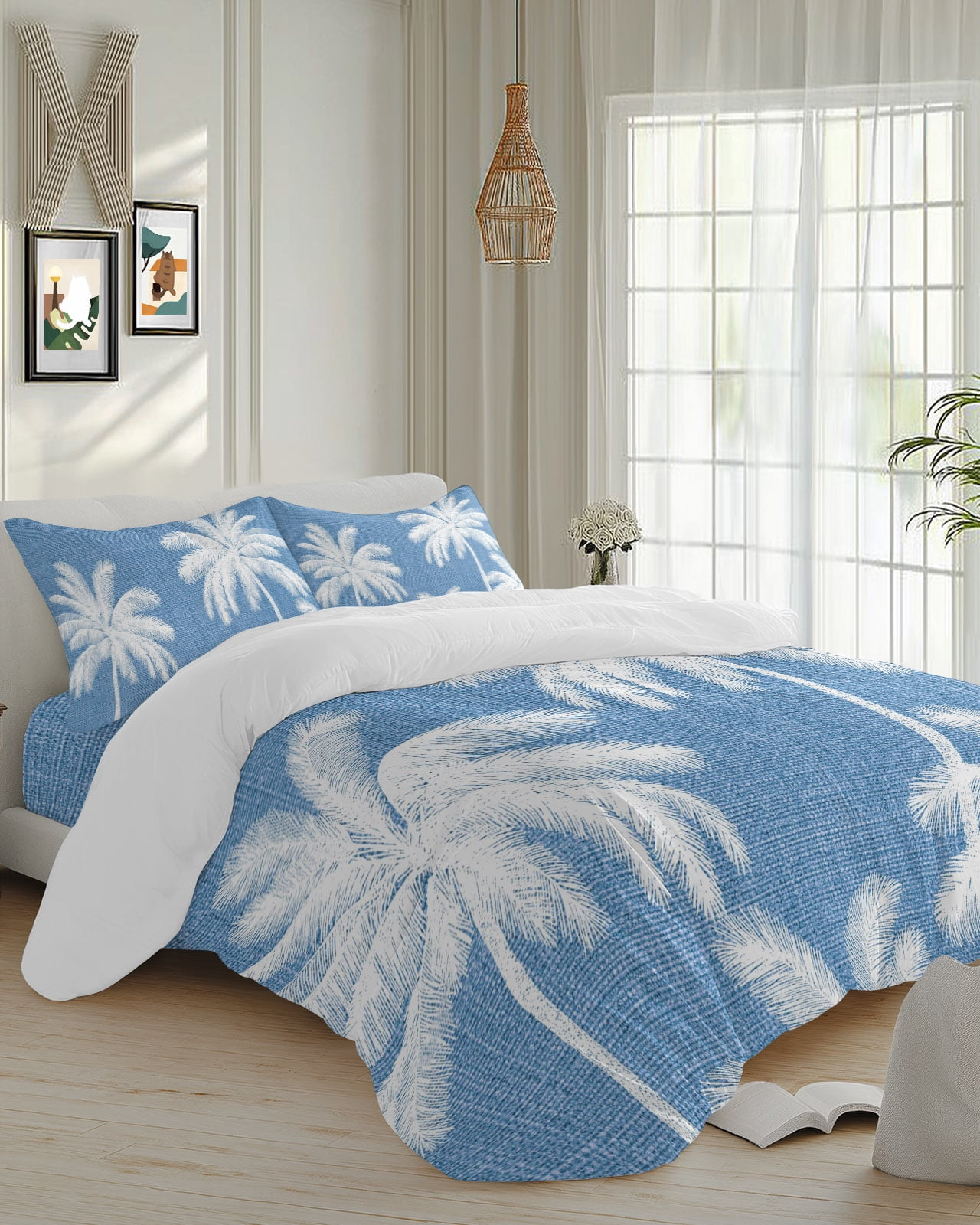 4 Piece Duvet Cover Set Queen, Summer Palm Tree on Blue Soft Breathable ...
