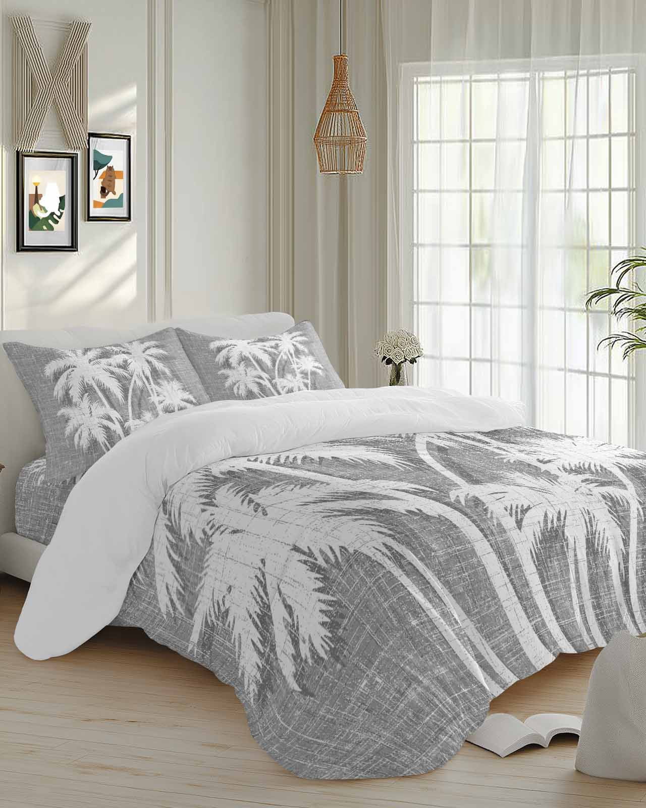 4 Piece Duvet Cover Set Queen, Summer Palm Tree on Gray Soft Breathable ...