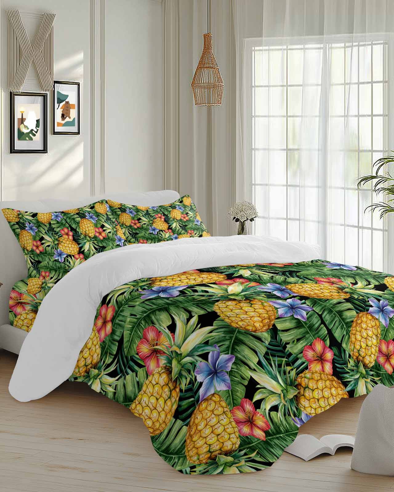 4 Piece Duvet Cover Set Queen, Summer Pineapple Green Palm Leaf Flower ...