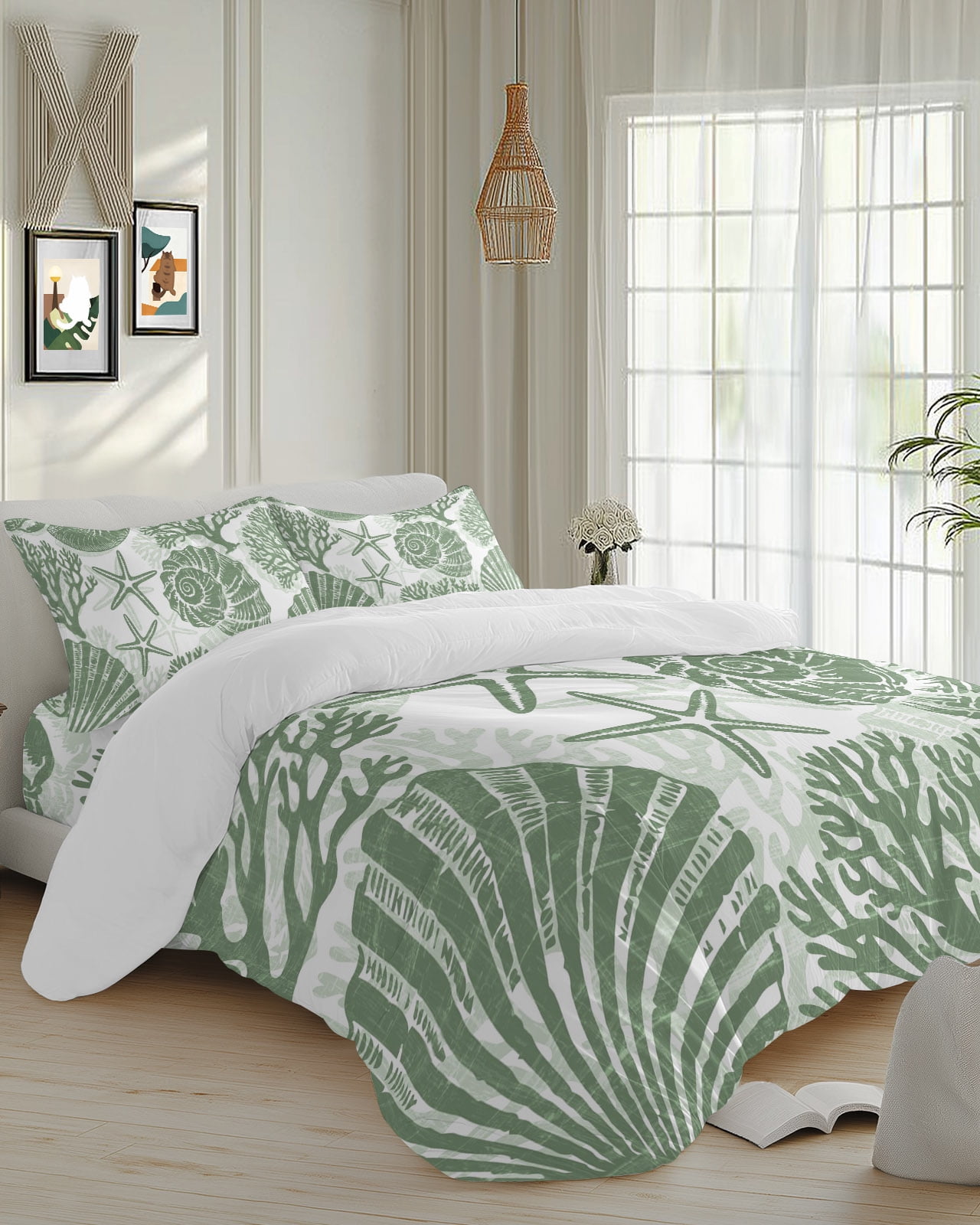 4 Piece Duvet Cover Set Queen, Summer Sage Green Ocean Theme Soft ...