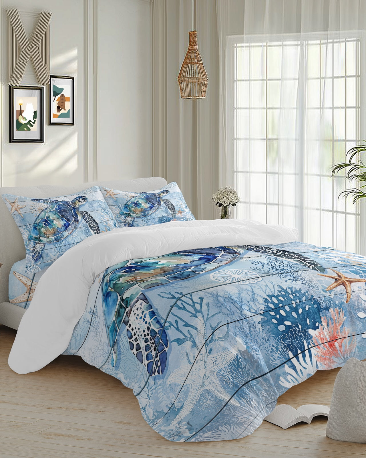 4 Piece Duvet Cover Set Queen, Summer Sea Turtle Starfish Blue Coral ...