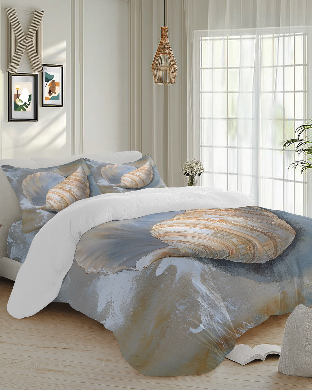 4 Piece Duvet Cover Set Queen, Summer Seaside Watercolor Conch Shell ...