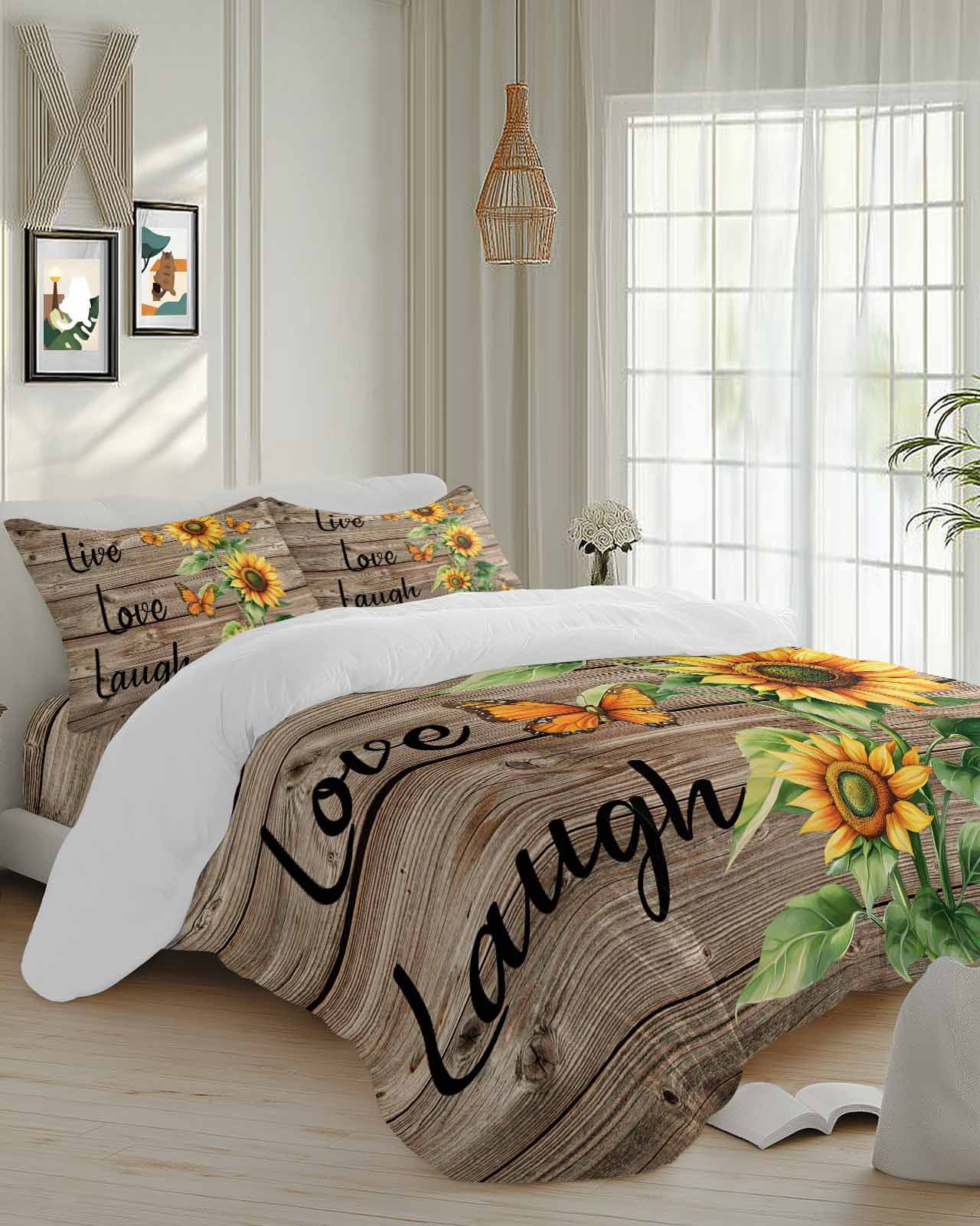 4 Piece Duvet Cover Set Queen, Summer Sunflower Green Leaves Butterfly ...