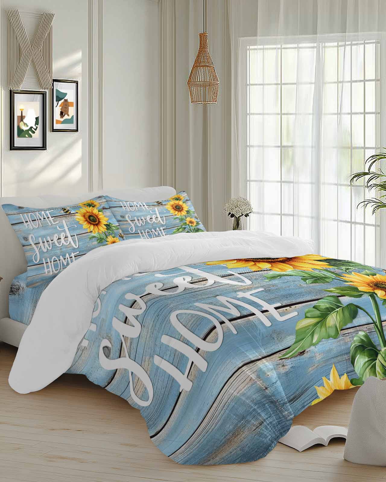 4 Piece Duvet Cover Set Queen, Summer Sunflower Green Leaves Soft ...