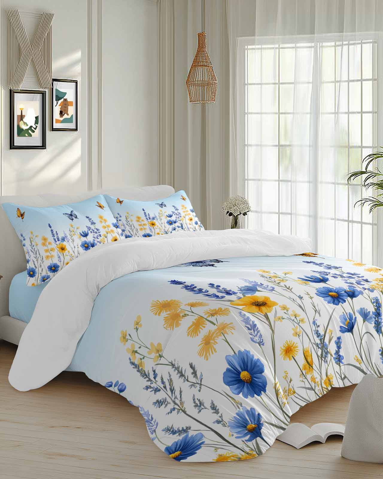 4 Piece Duvet Cover Set Queen, Summer Watercolor Lavender Flower ...