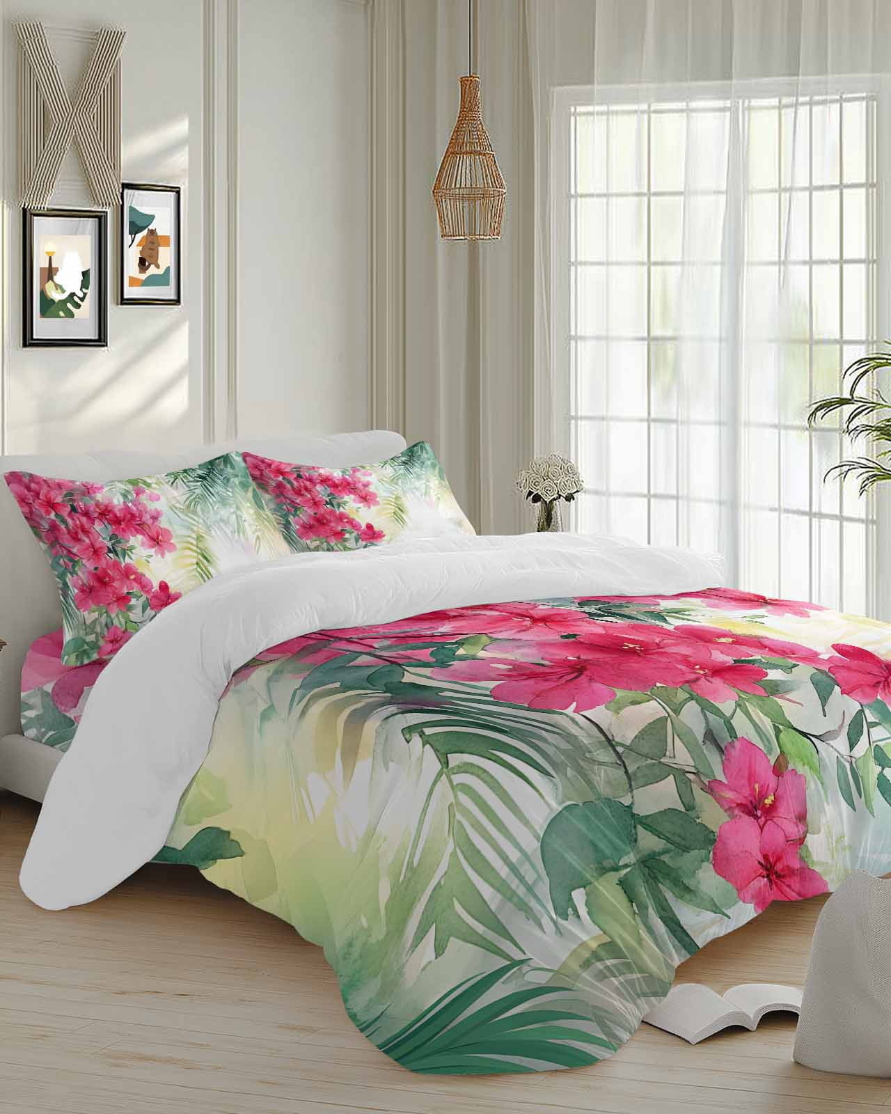 4 Piece Duvet Cover Set Queen, Summer Watercolor Wildflower Leaf Soft ...