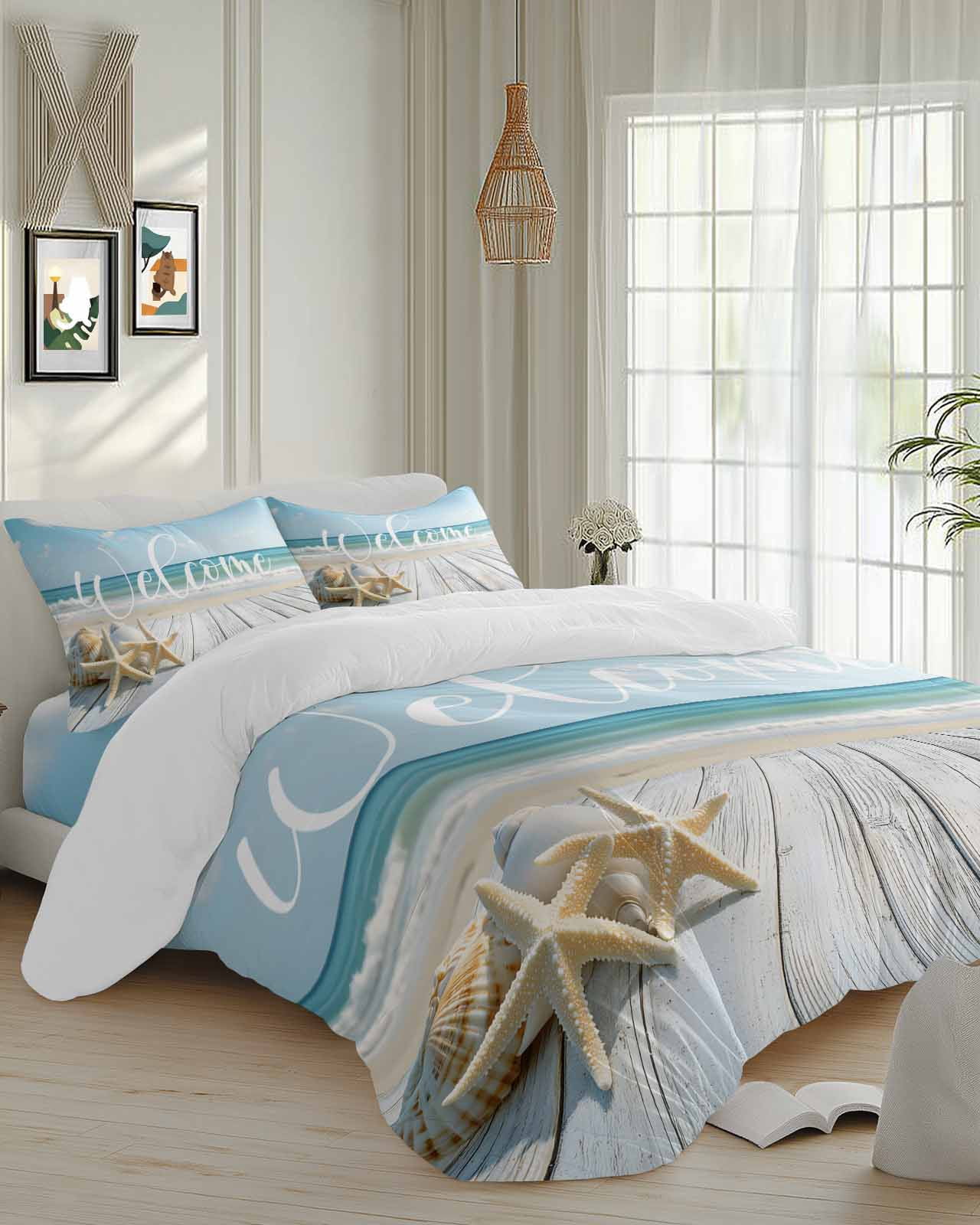 4 Piece Duvet Cover Set Queen, Summer Welcome Beach Starfish Shell on ...
