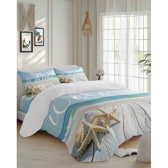 4 Piece Duvet Cover Set Queen, Summer Welcome Beach Starfish Shell on ...