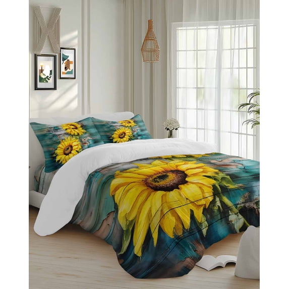 4 Piece Duvet Cover Set Queen, Summer Yellow Sunflower Watercolor ...