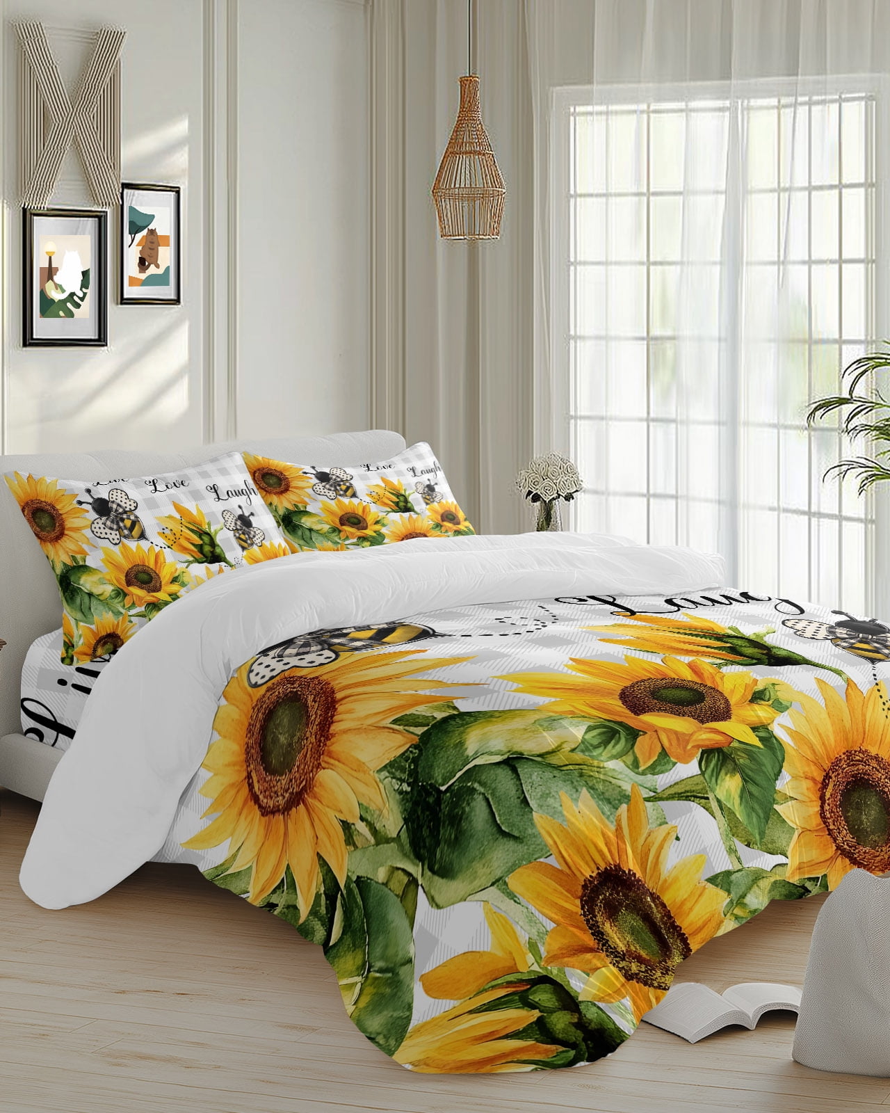 4 Piece Duvet Cover Set Queen, Sunflower Farmhouse Floral Bee Soft ...
