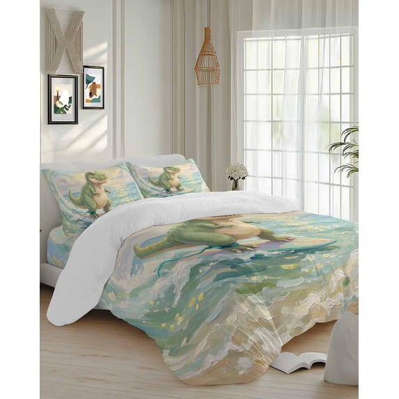 4 Piece Duvet Cover Set Queen, Surfing Dinosaur Beach Art Soft ...