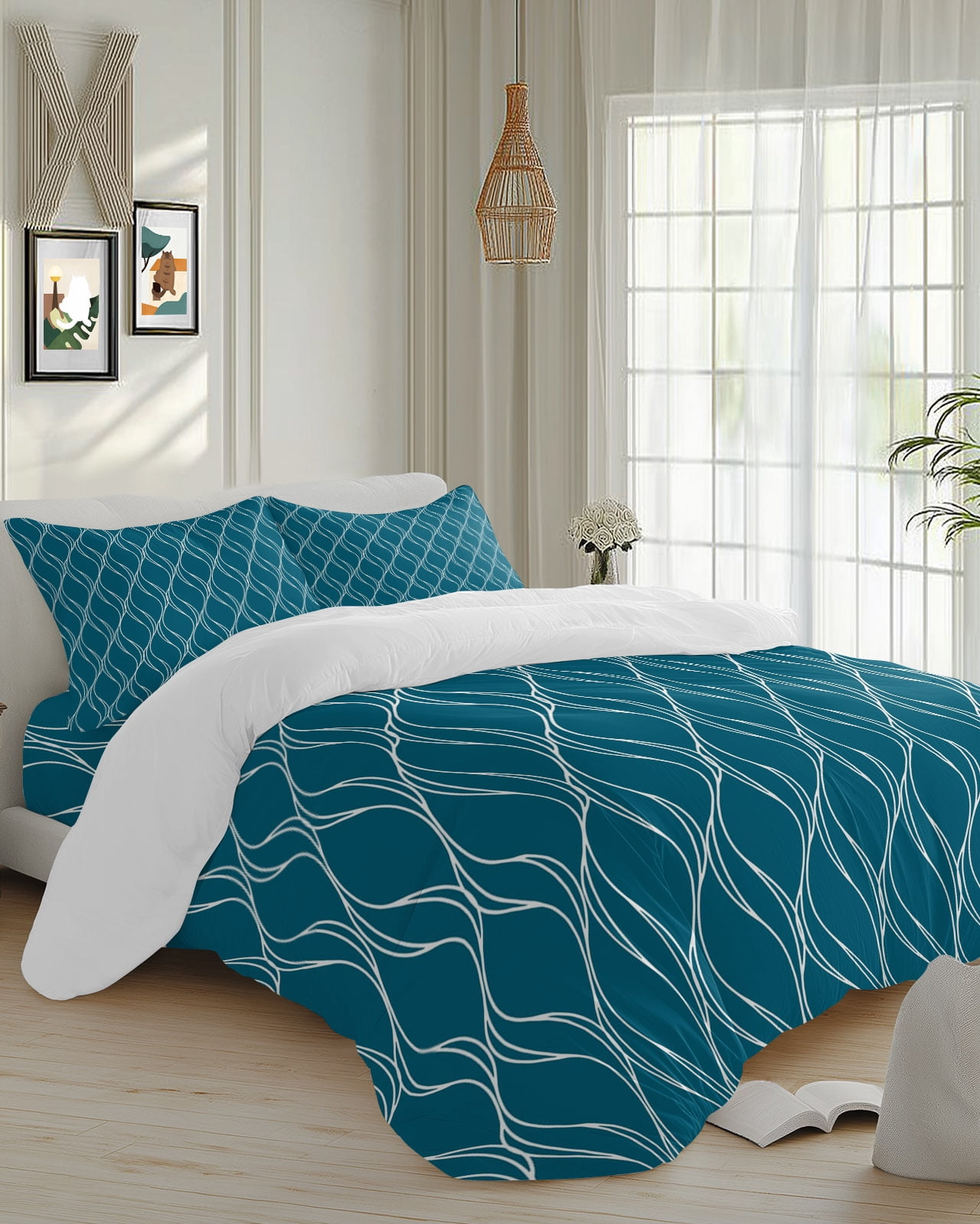 4 Piece Duvet Cover Set Queen, Teal Stripes Abstract Geometric Soft ...