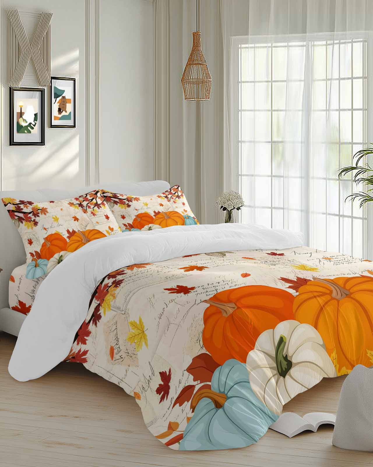 4 Piece Duvet Cover Set Queen, Thanksgiving Pumpkin Maple Leaves Soft ...