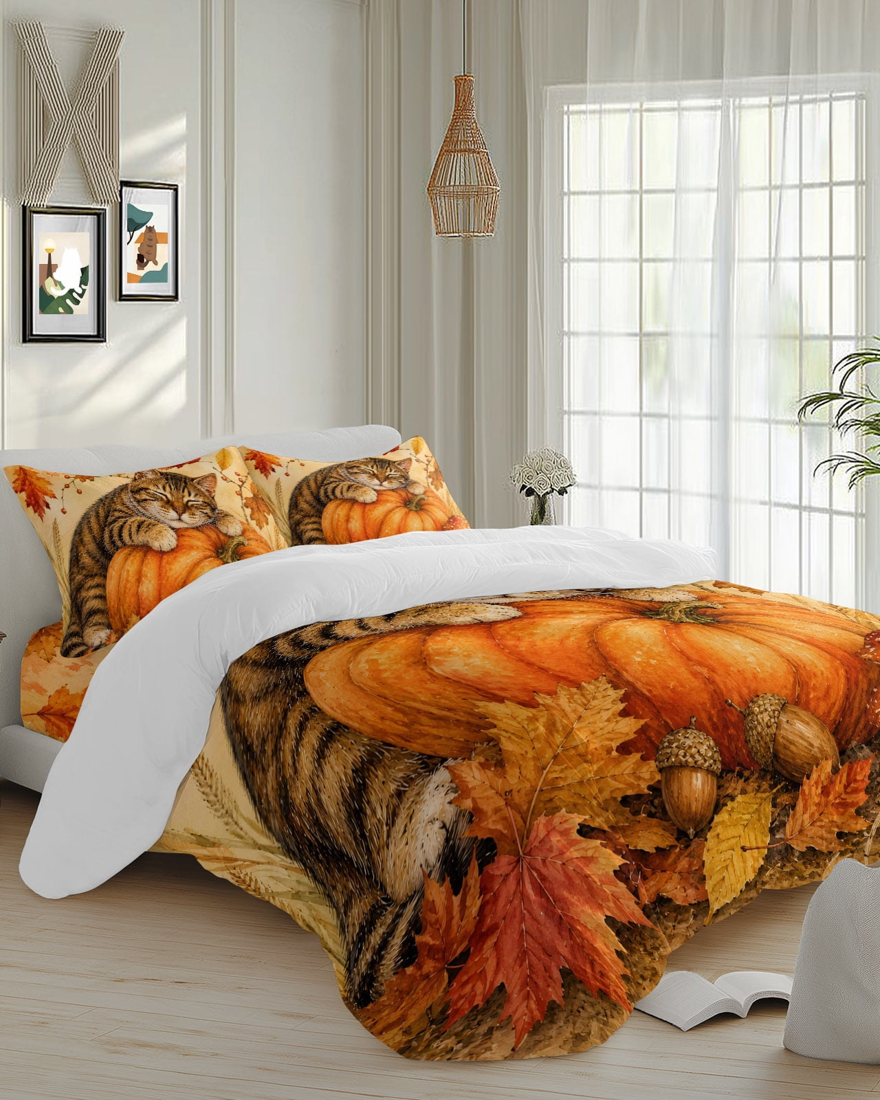 4 Piece Duvet Cover Set Queen, Thanksgiving Sleeping Cat on Pumpkin ...