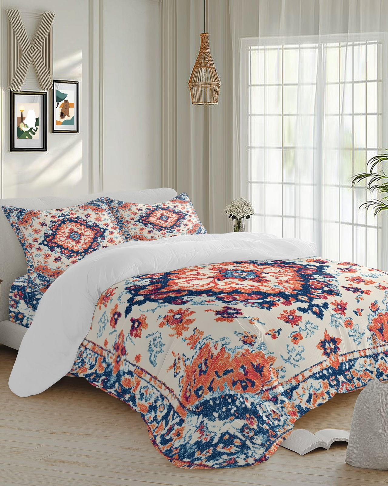 4 Piece Duvet Cover Set Queen, Traditional Ethnic Flower Pattern Soft ...
