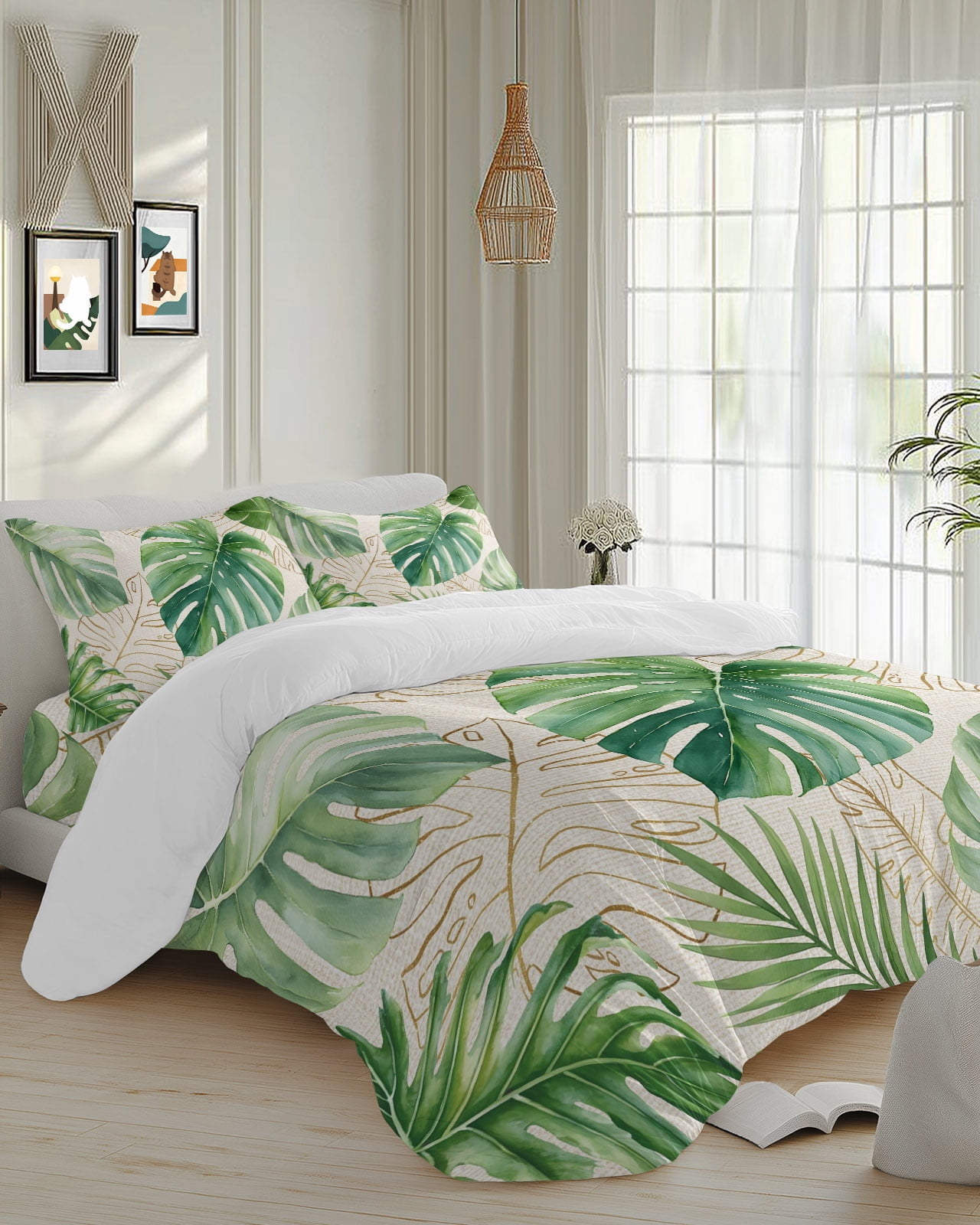 4 Piece Duvet Cover Set Queen, Tropical Monstera Leaves on Linen Soft ...