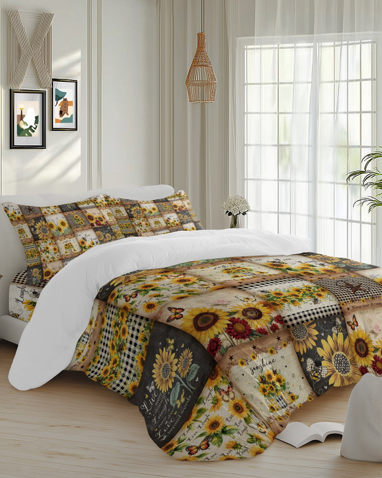 4 Piece Duvet Cover Set Queen, Vintage Country Pastoral Sunflower Plaid ...