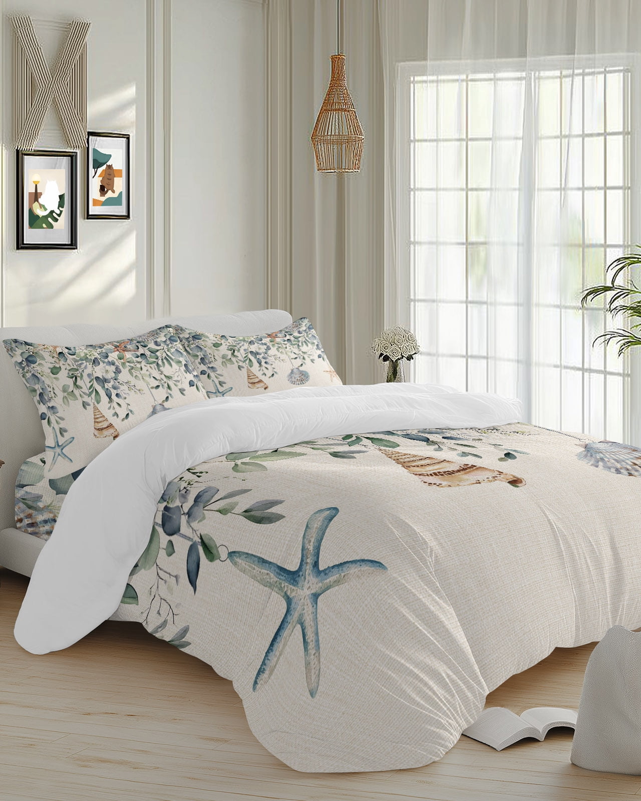 4 Piece Duvet Cover Set Queen, Vintage Marine Life Starfish Shell Soft ...