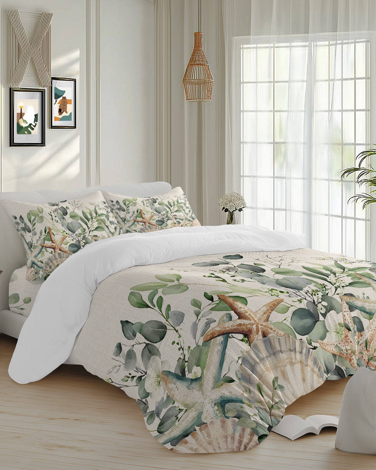 4 Piece Duvet Cover Set Queen, Vintage Ocean Animal Starfish Shell Soft ...