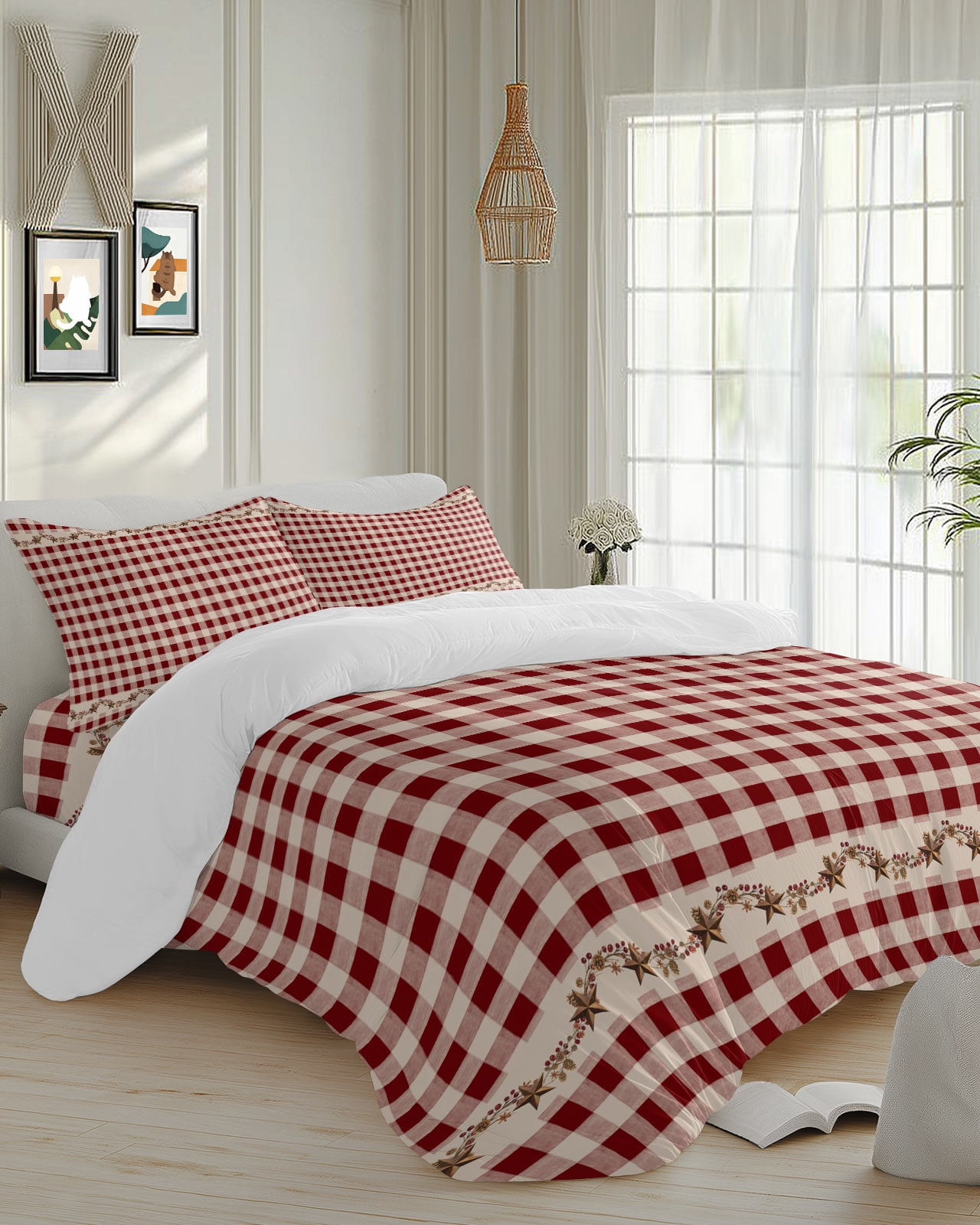 4 Piece Duvet Cover Set Queen, Vintage Red Buffalo Plaid Berry Soft ...