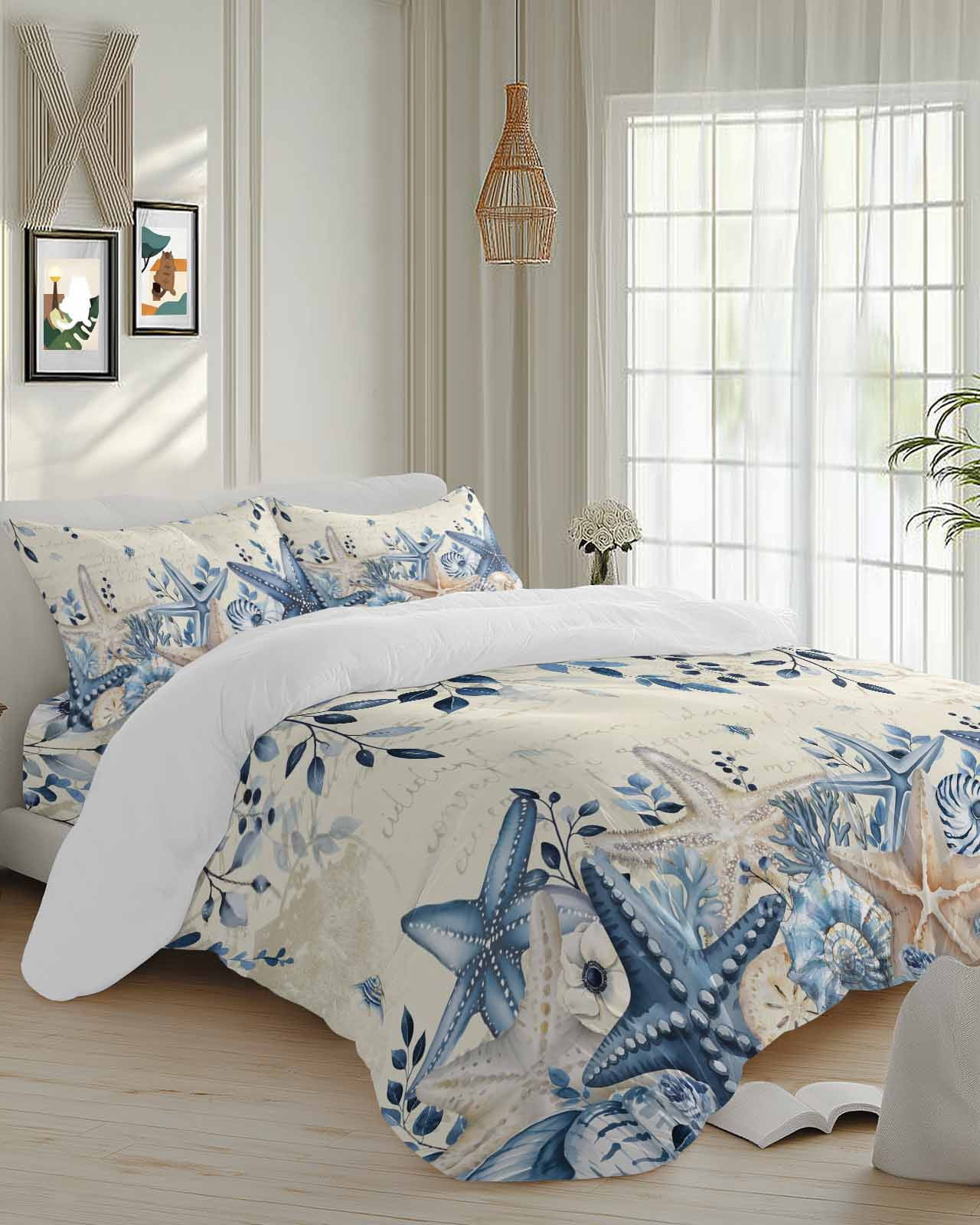 4 Piece Duvet Cover Set Queen, Vintage Shells Sea Stars Soft Breathable ...