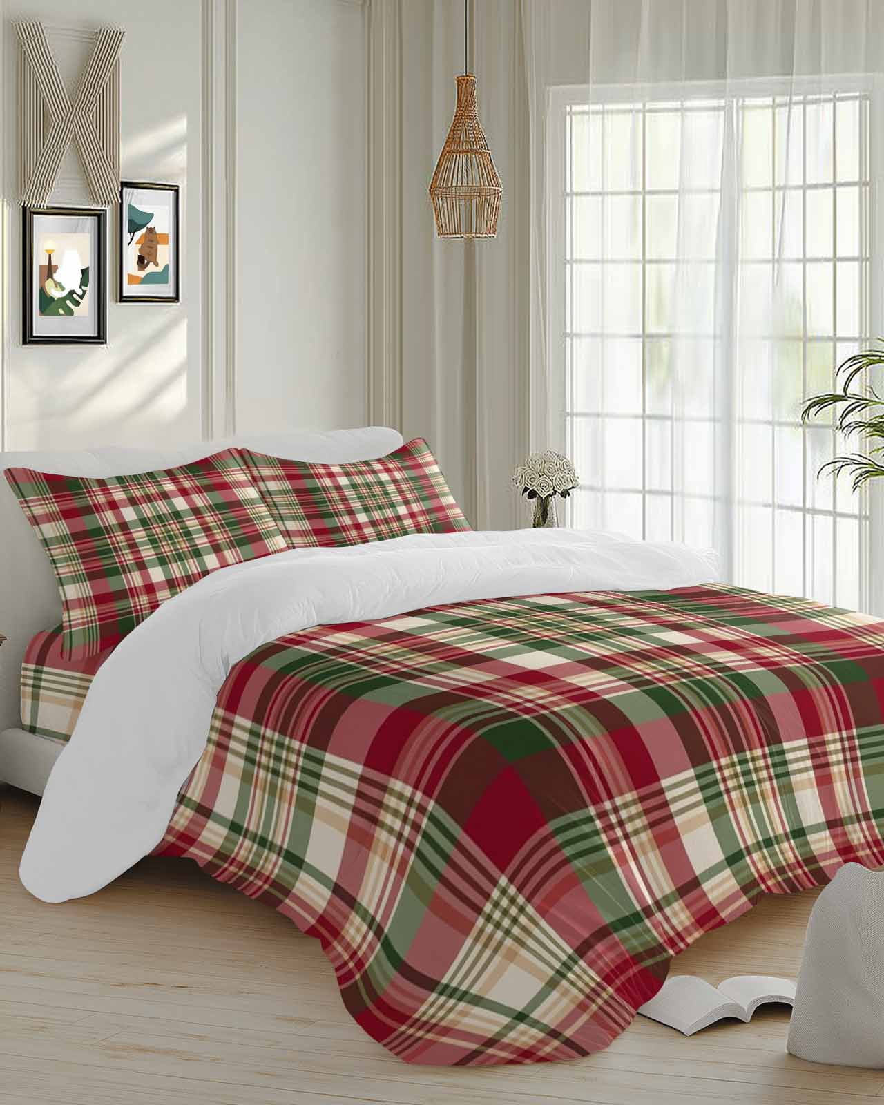 4 Piece Duvet Cover Set Queen, Vintage Tartan Green Black Soft ...