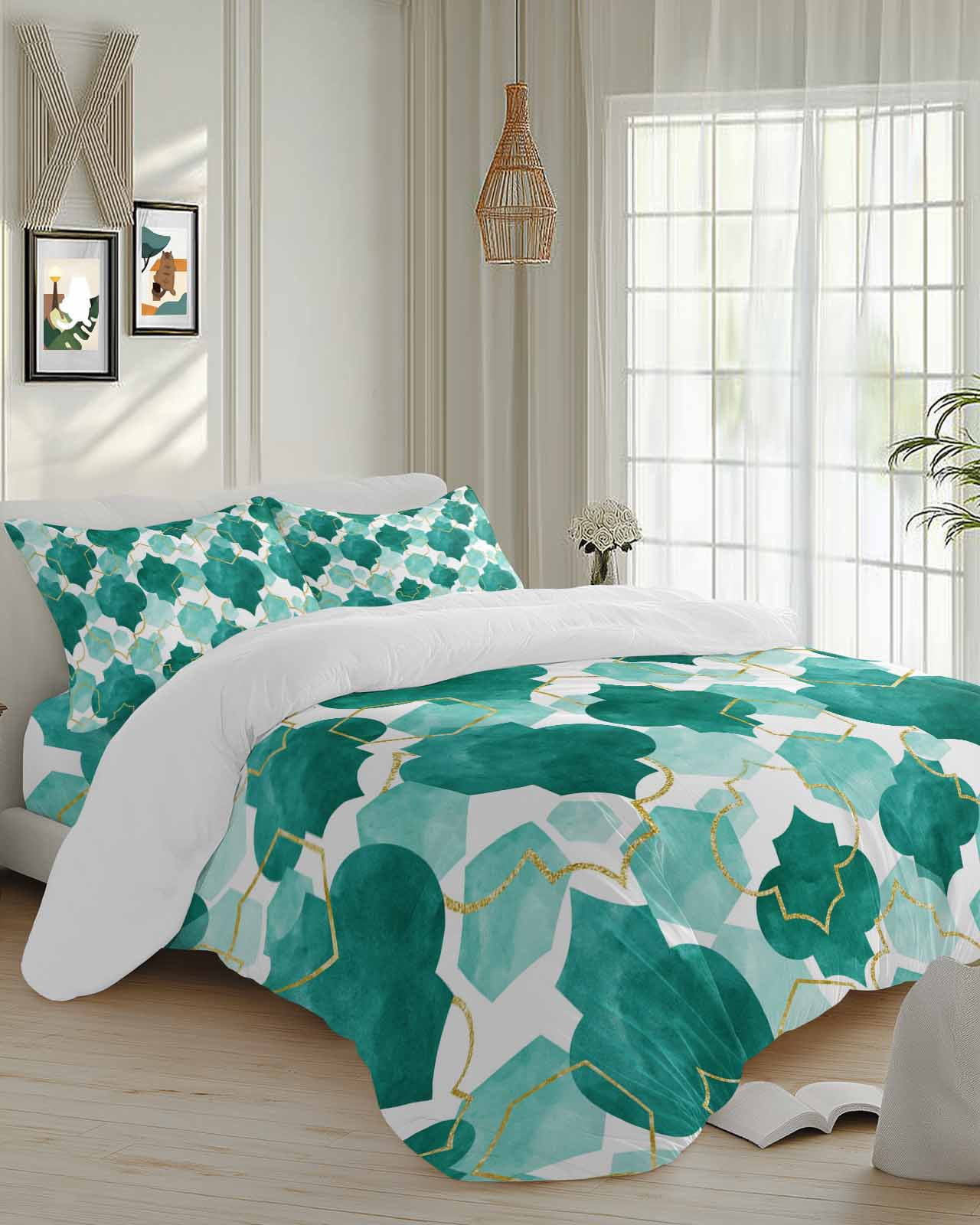 4 Piece Duvet Cover Set Queen, Water Duck Green Gradual Morocco Soft ...