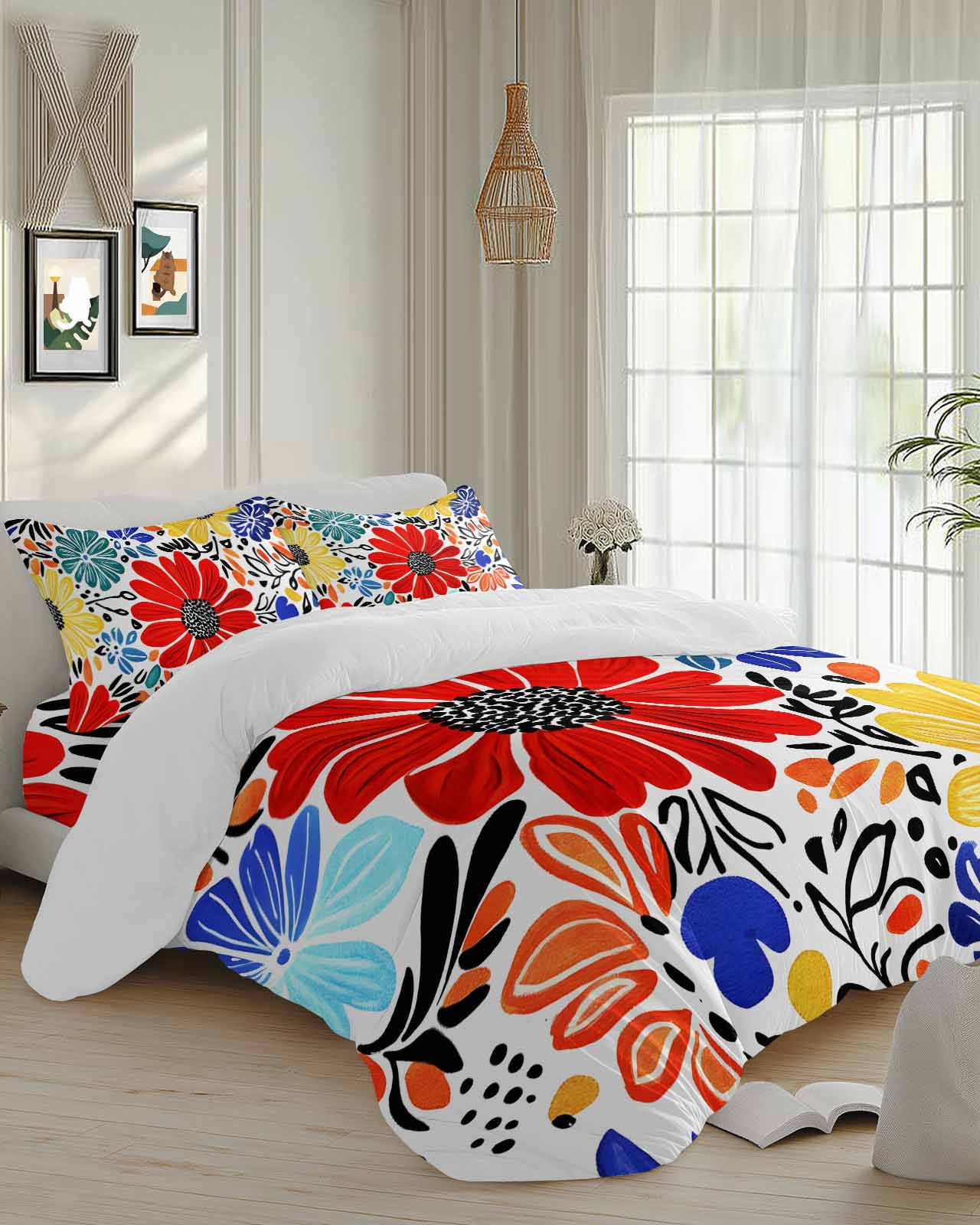 4 Piece Duvet Cover Set Queen, Watercolor Abstract Blossom Flower Soft ...