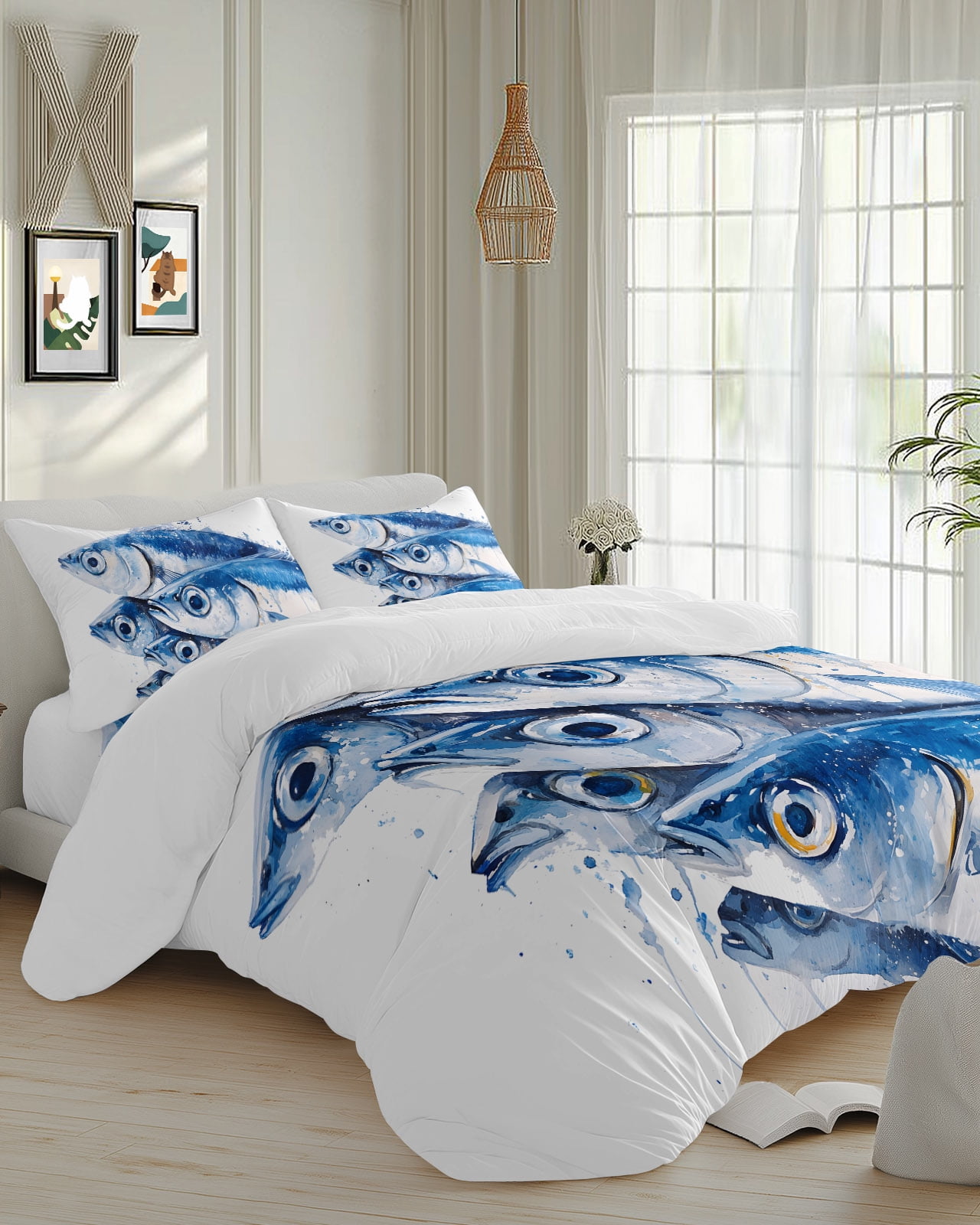4 Piece Duvet Cover Set Queen, Watercolor Blue Ocean Fish on White Soft ...