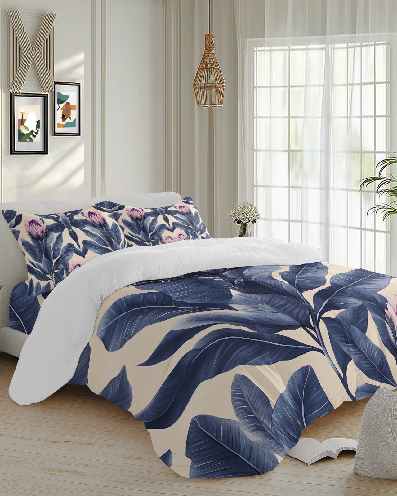 4 Piece Duvet Cover Set Queen, Watercolor Blue Pink Purple Flower Soft ...