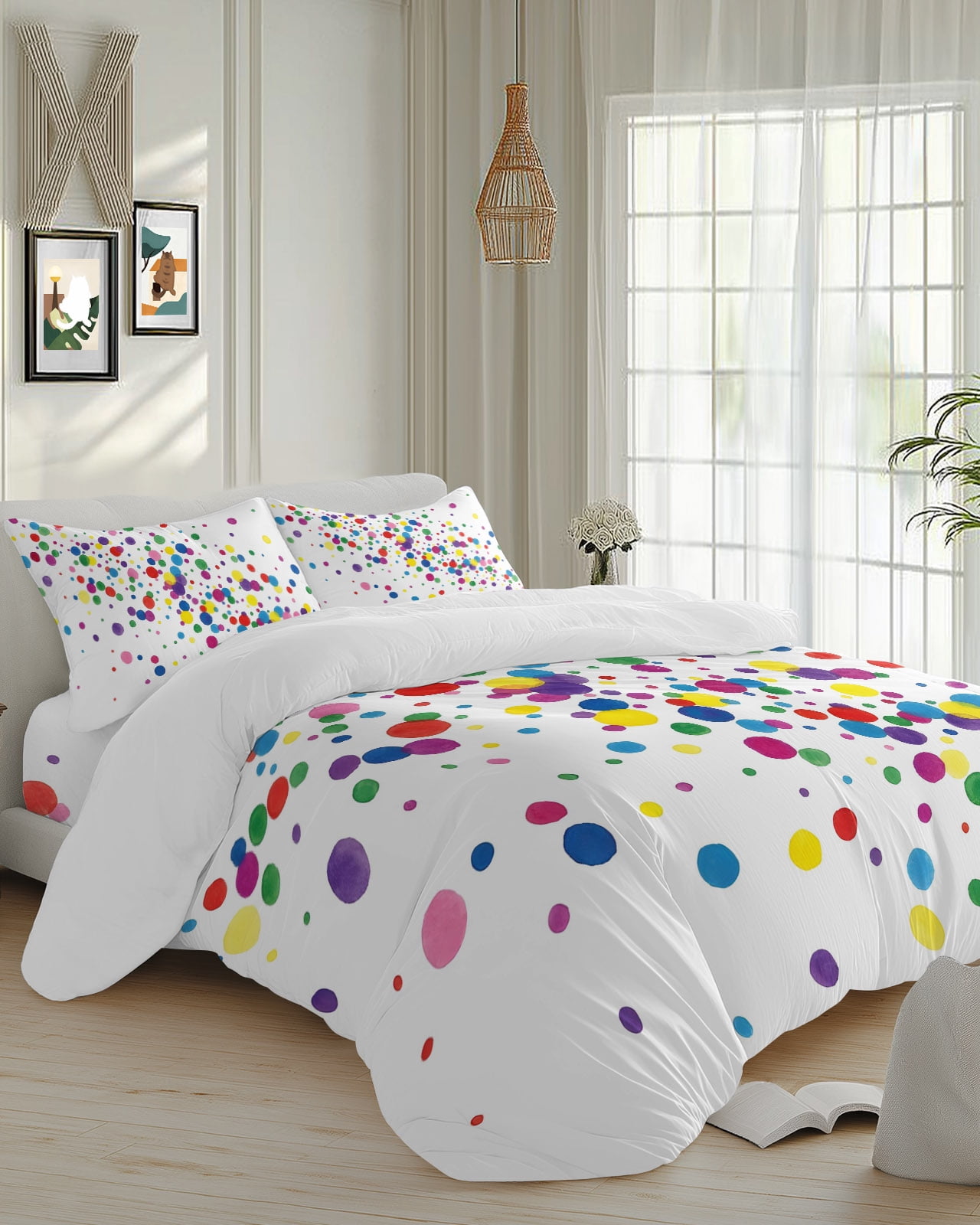 4 Piece Duvet Cover Set Queen, Watercolor Dot Polka on White Soft ...