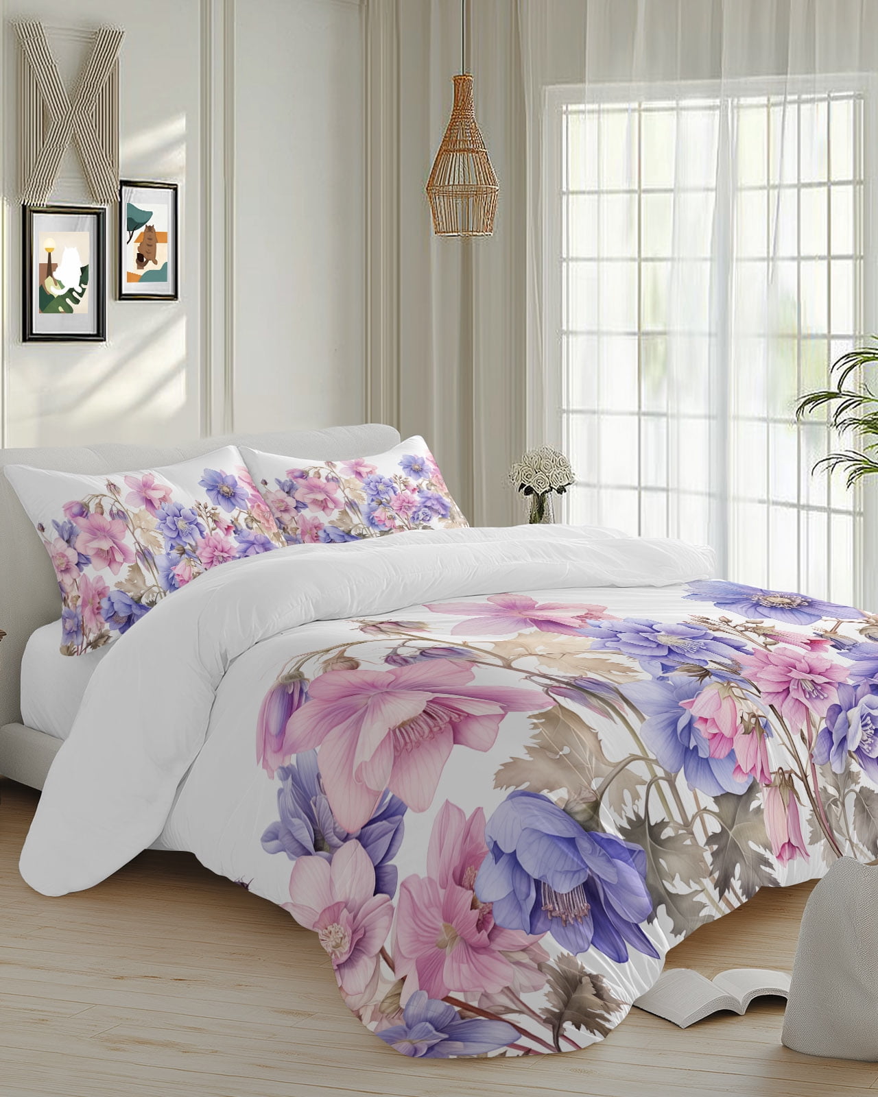 4 Piece Duvet Cover Set Queen, Watercolor Garden Purple Pink Flower ...