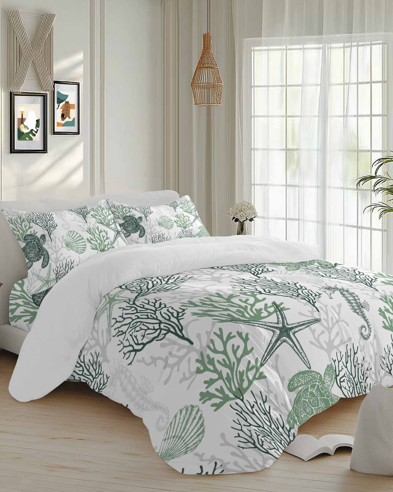 4 Piece Duvet Cover Set Queen, Watercolor Green Gray Marine Life Soft ...