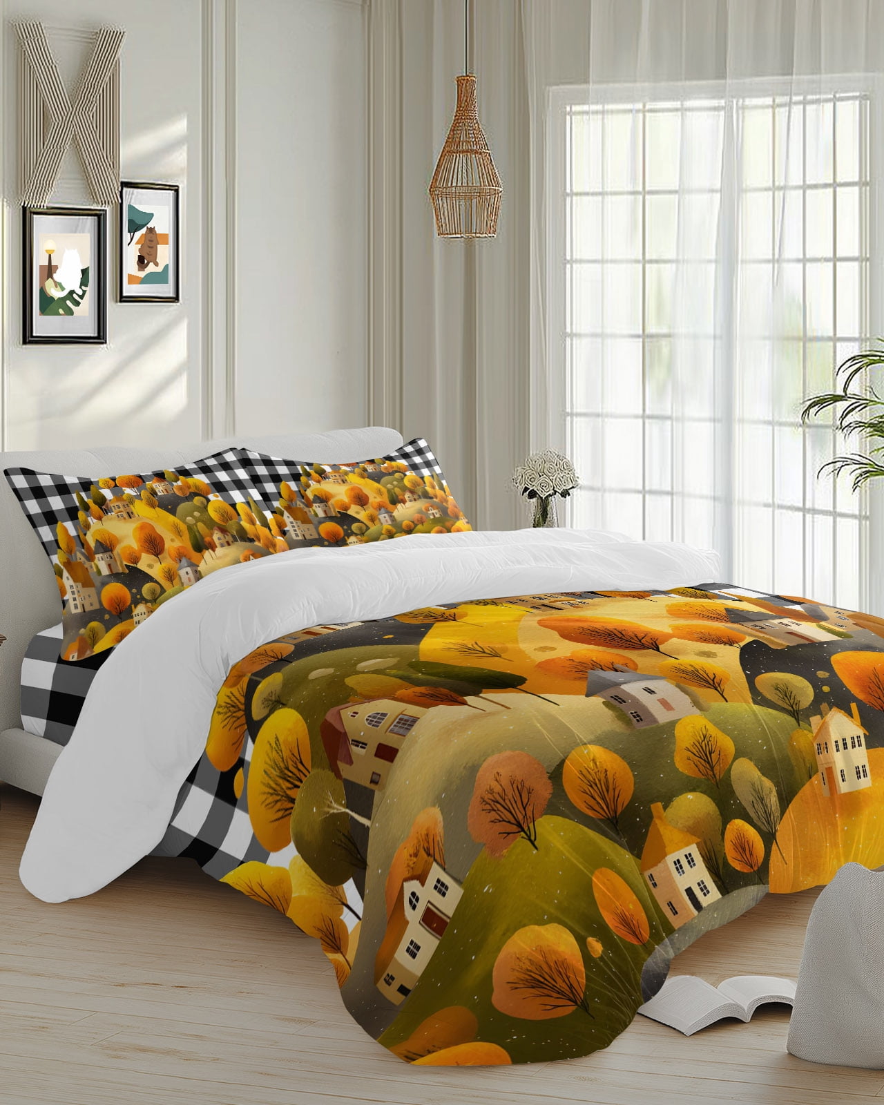 4 Piece Duvet Cover Set Queen, Watercolor Hills House Soft Breathable ...