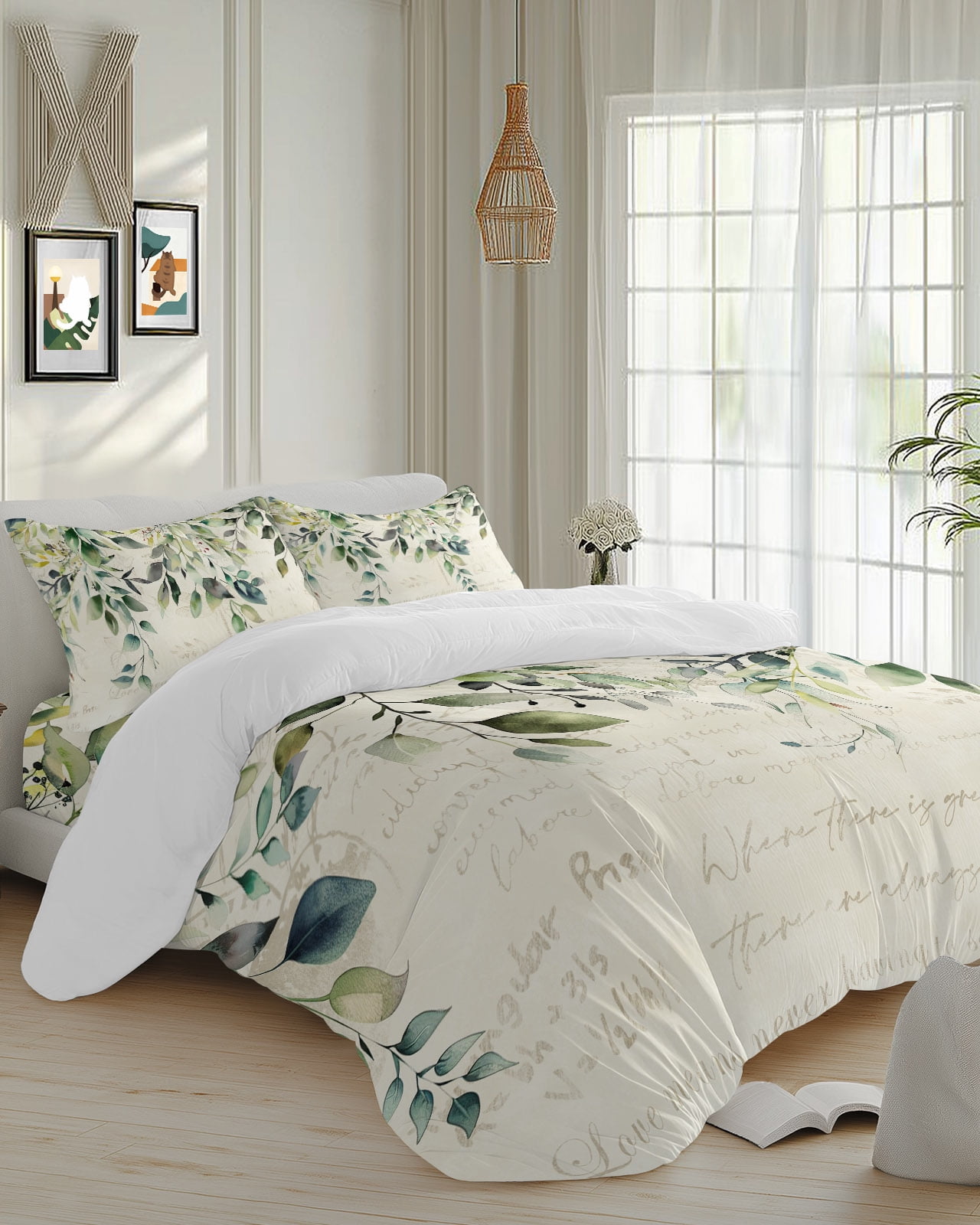 4 Piece Duvet Cover Set Queen, Watercolor Leaves on Retro Letter Soft ...